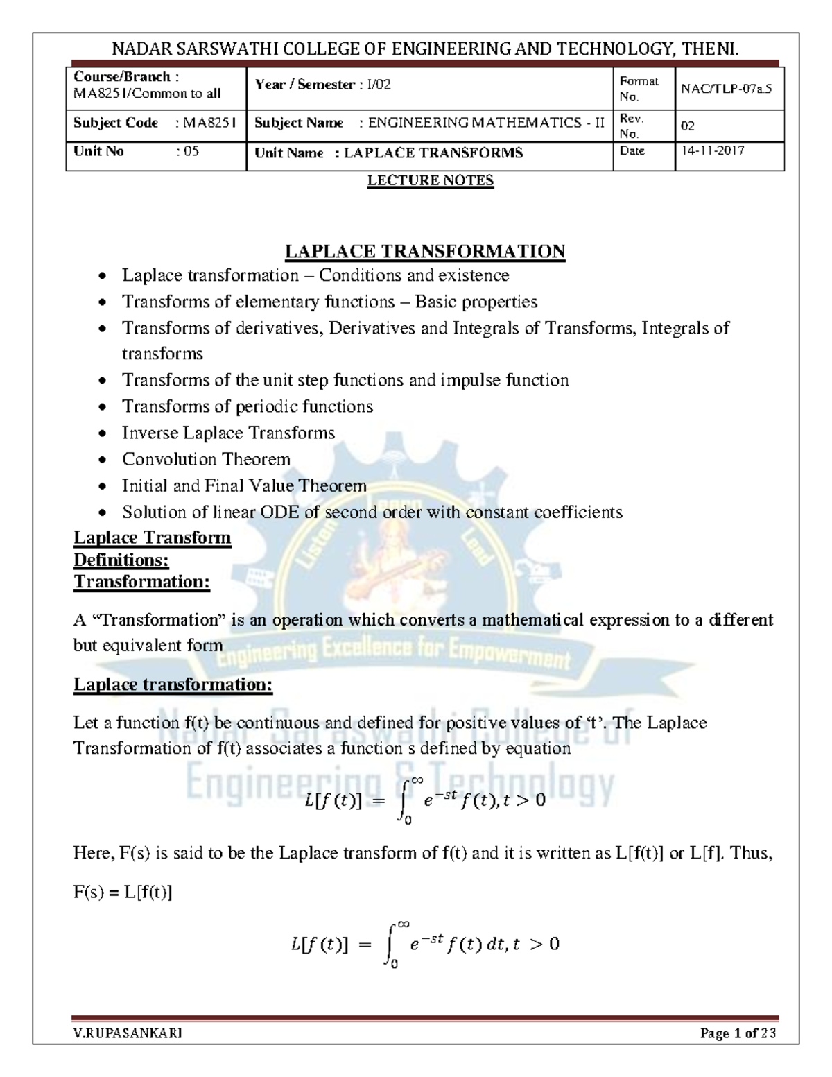 Unit 5 - Lecture notes 1,7,10,2,3 - Course/Branch : MA8251/Common to ...