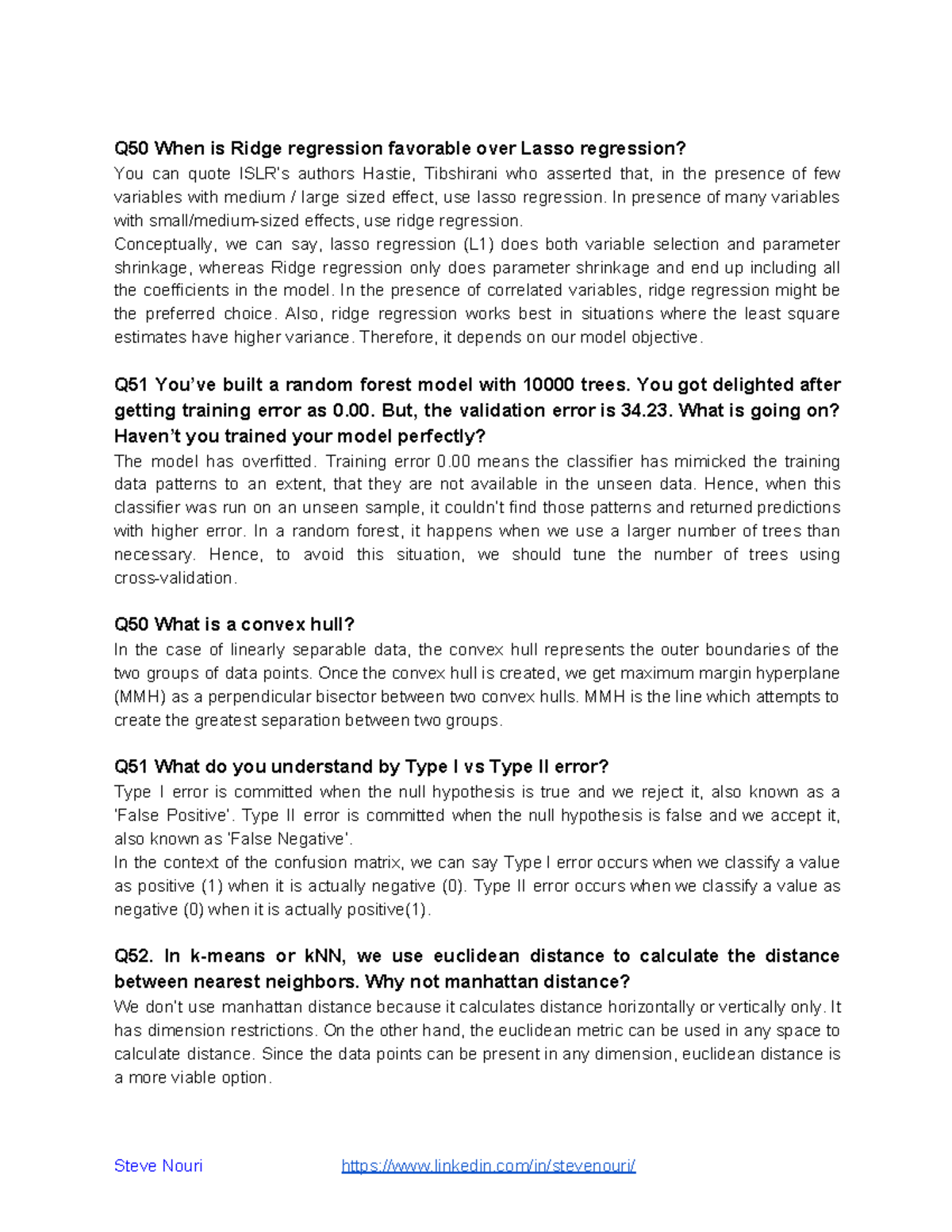 Data science question and answers-8 - Q50 When is Ridge regression favorable over Lasso ...