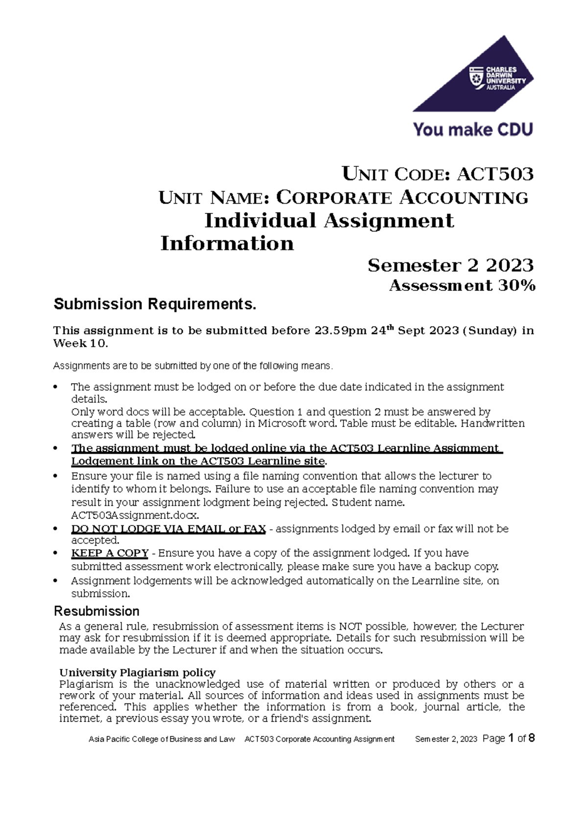ACT 503 Assignment S2 2023 Final - UNIT CODE: ACT UNIT NAME: CORPORATE ...