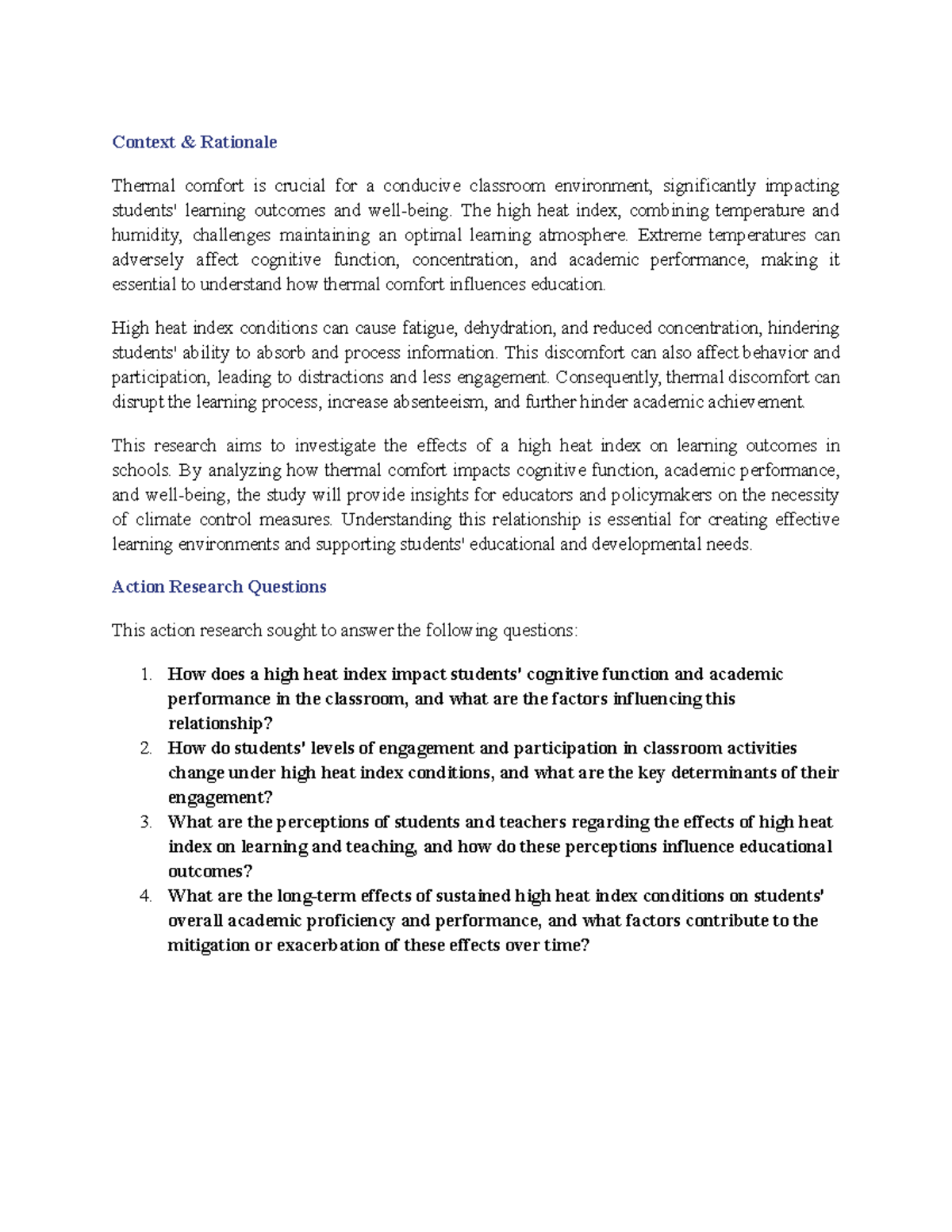 Action Research 11 - Context & Rationale Thermal comfort is crucial for ...