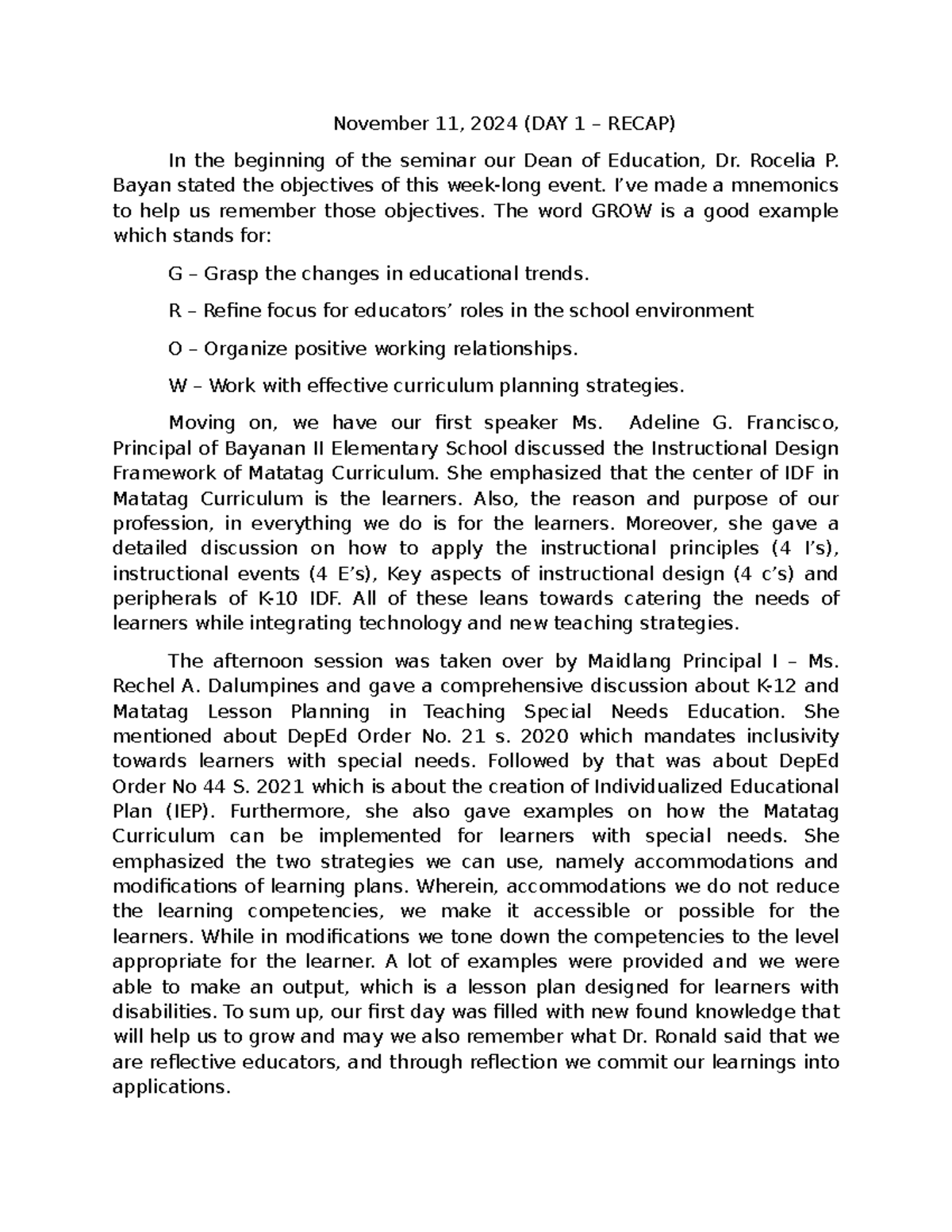 Recap - DAY 1 - Field Study - November 11, 2024 (DAY 1 – RECAP) In the ...