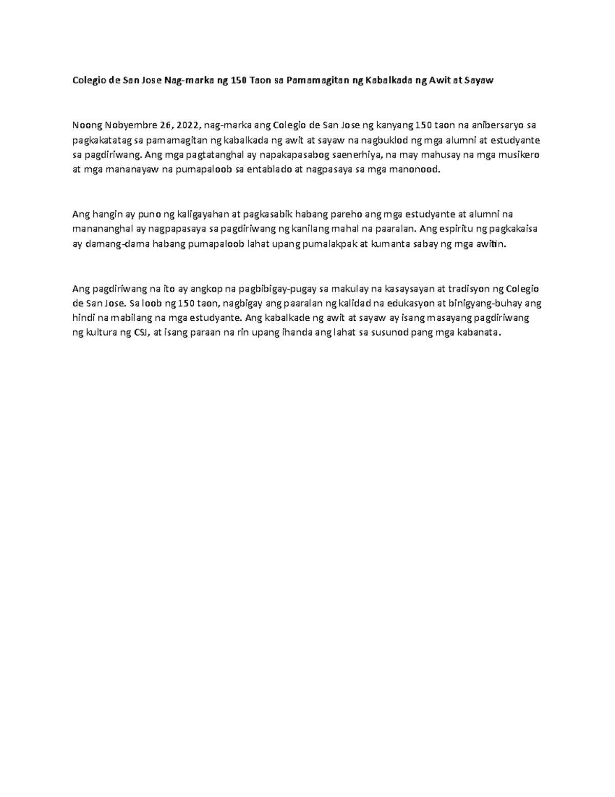 Colegio de San Jose Nag - notes - Colegio de San Jose Nag-marka ng 150 ...