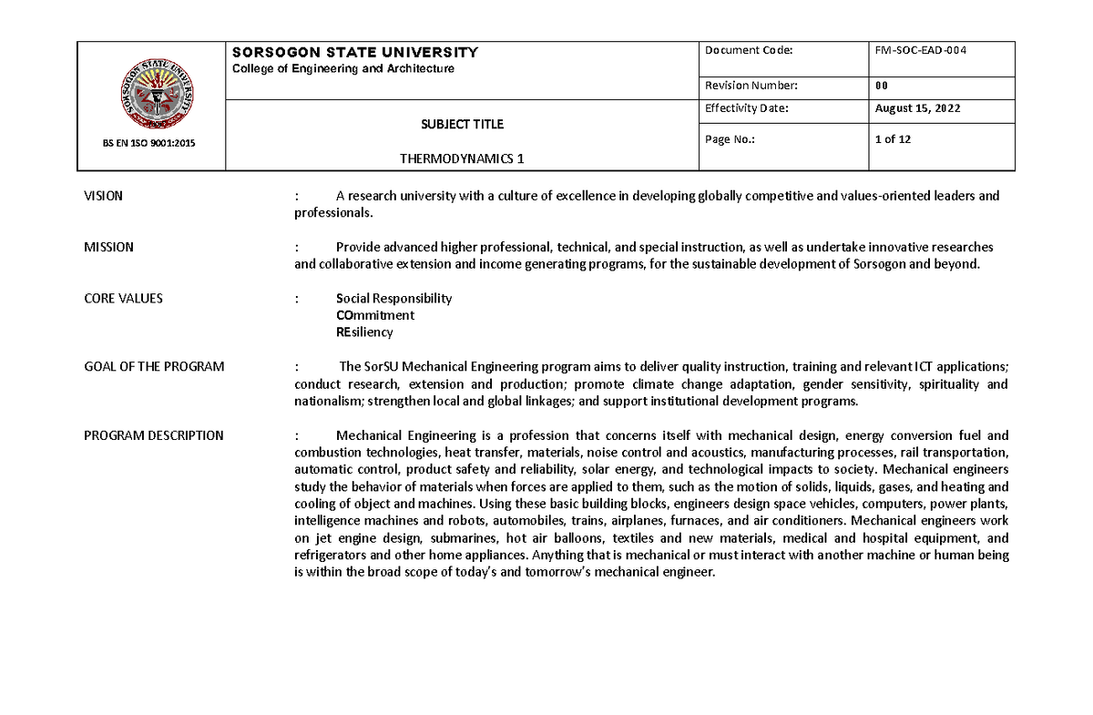 Thermo 1 Thermodynamic 1st Semester S Bs En 1so 9001 Sorsogon State