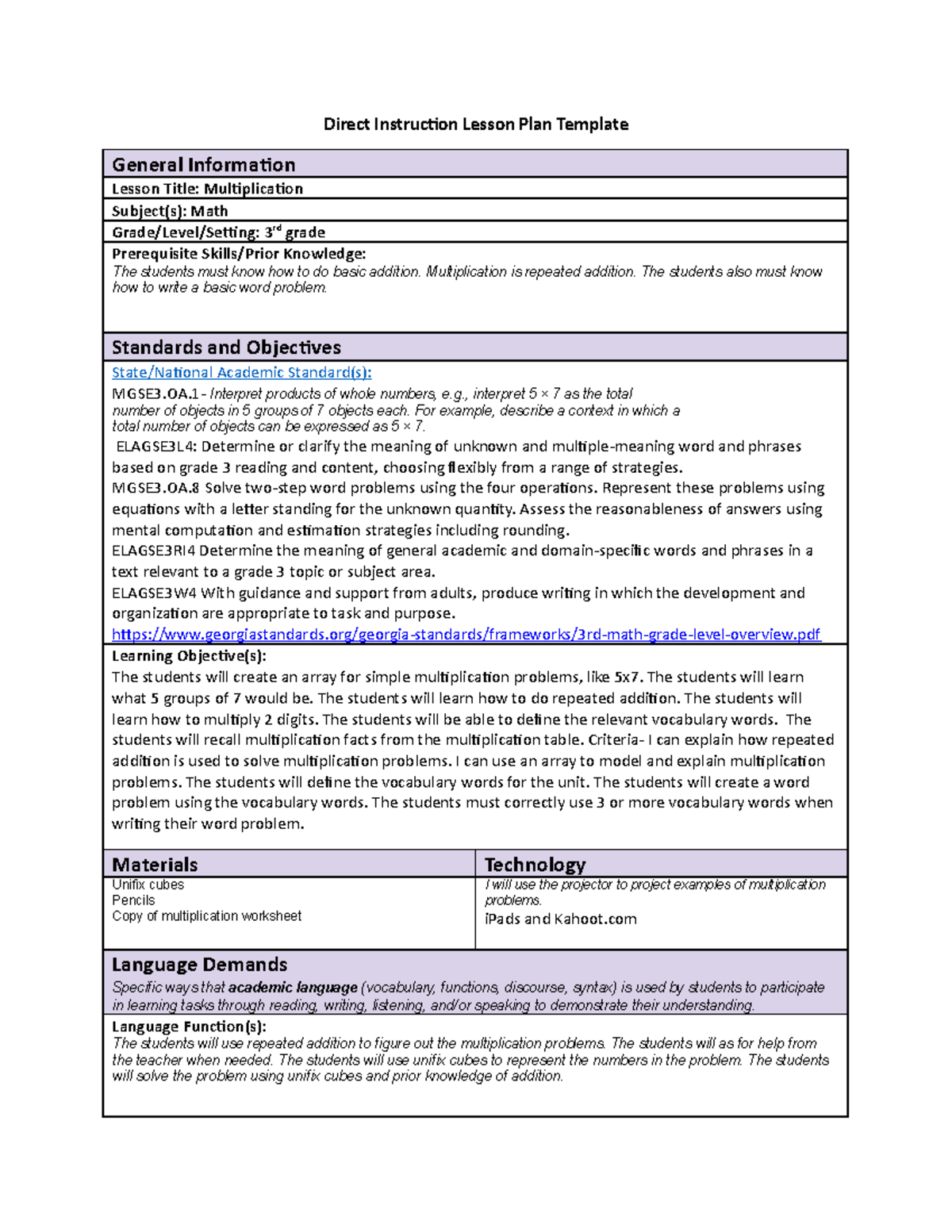 Math LP-new - Passing - Direct Instruction Lesson Plan Template General ...