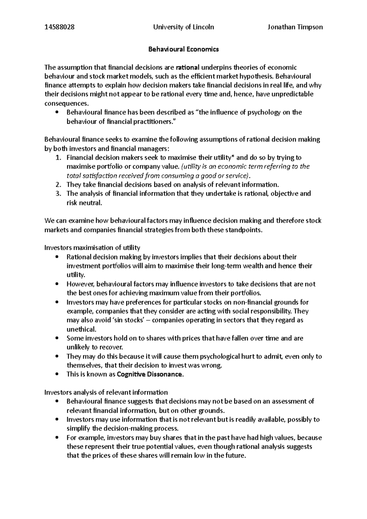 Behavioural Economics - 14588028 University of Lincoln Jonathan Timpson ...