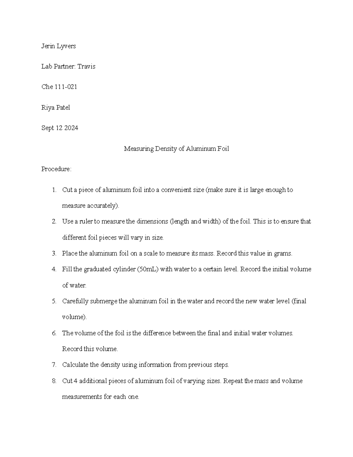 3 Lyvers Jerin - Experiment 3 procedure - Jerin Lyvers Lab Partner ...