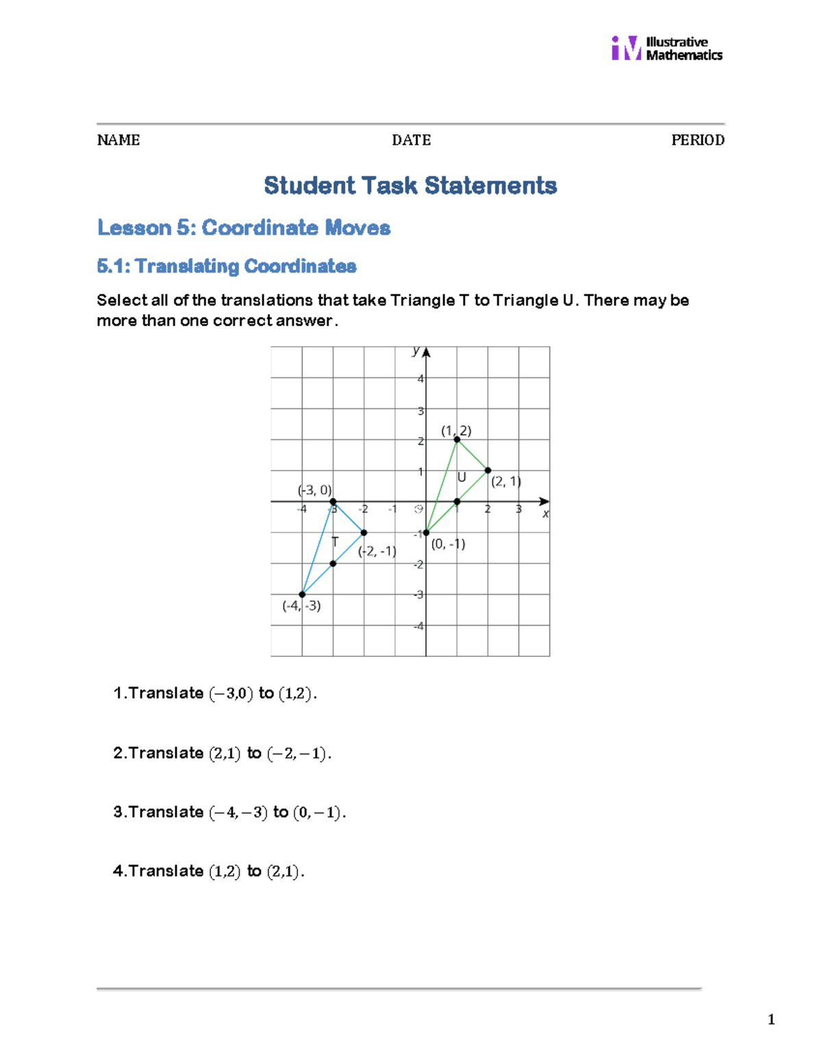 Noah Graham - Unit 1 Lesson 5 Workbook Copy - Student Task Statements Lesson 5 : Coordinate ...