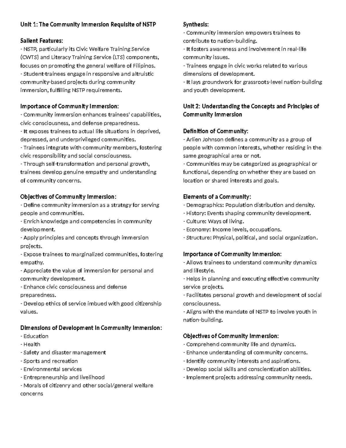 Nstps 2 midterms - Unit 1: The Community Immersion Requisite of NSTP ...