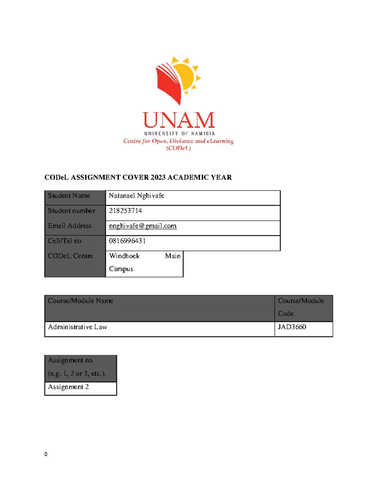 Administrative Law assignment 2 - CODeL ASSIGNMENT COVER 2023 ACADEMIC ...
