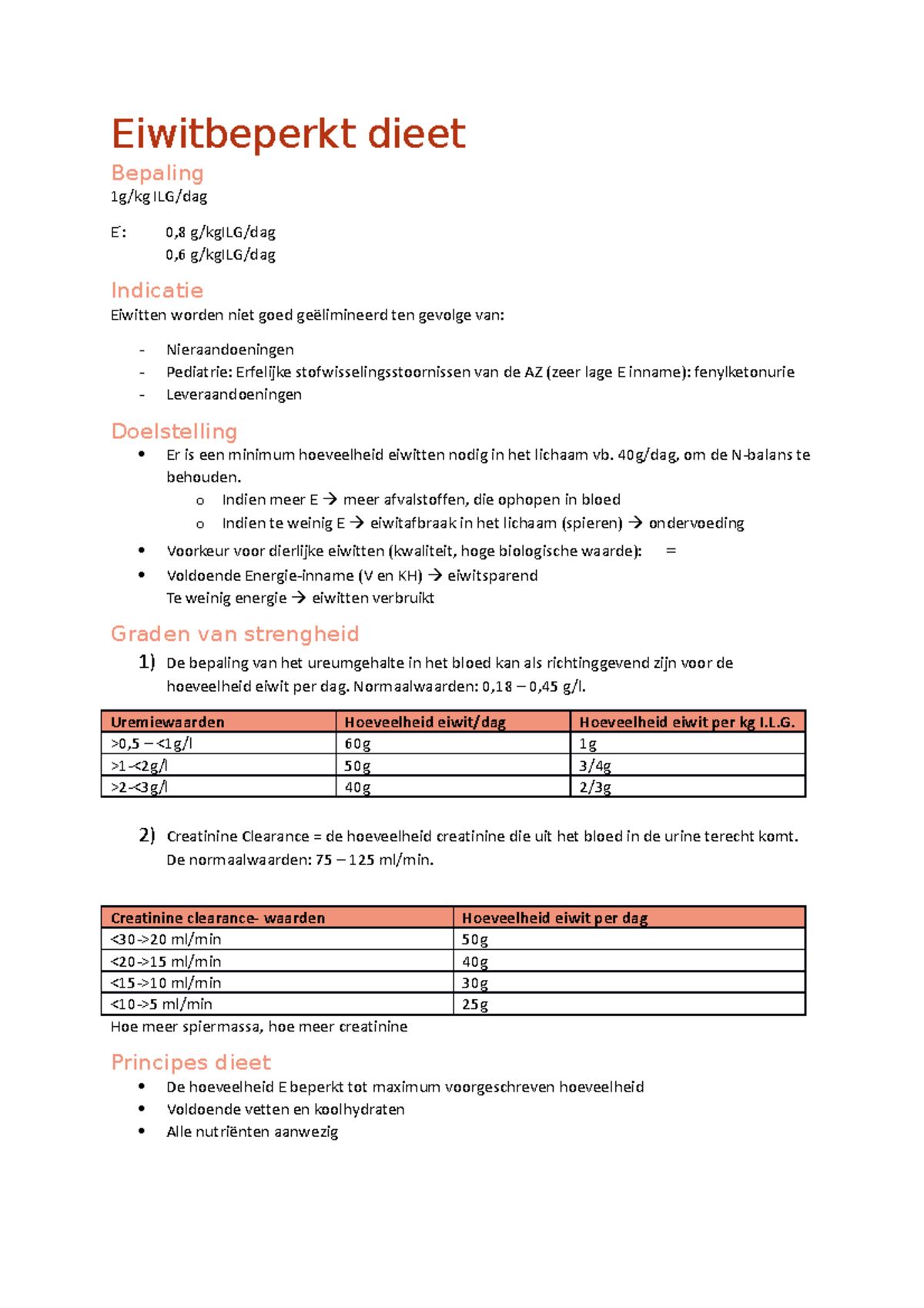 Eiwitbeperkt dieet - Eiwitbeperkt dieet Bepaling 1g/kg ILG/dag E-: 0,8 ...