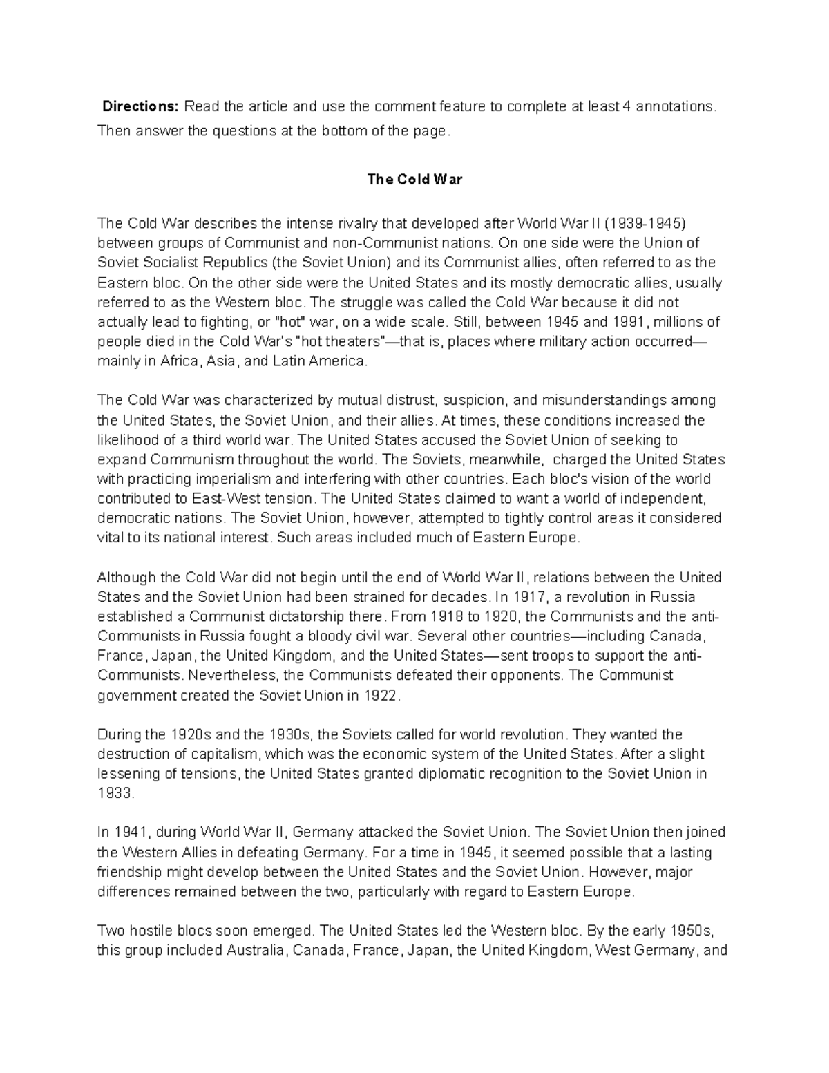 Cold War Reading - Directions: Read the article and use the comment ...
