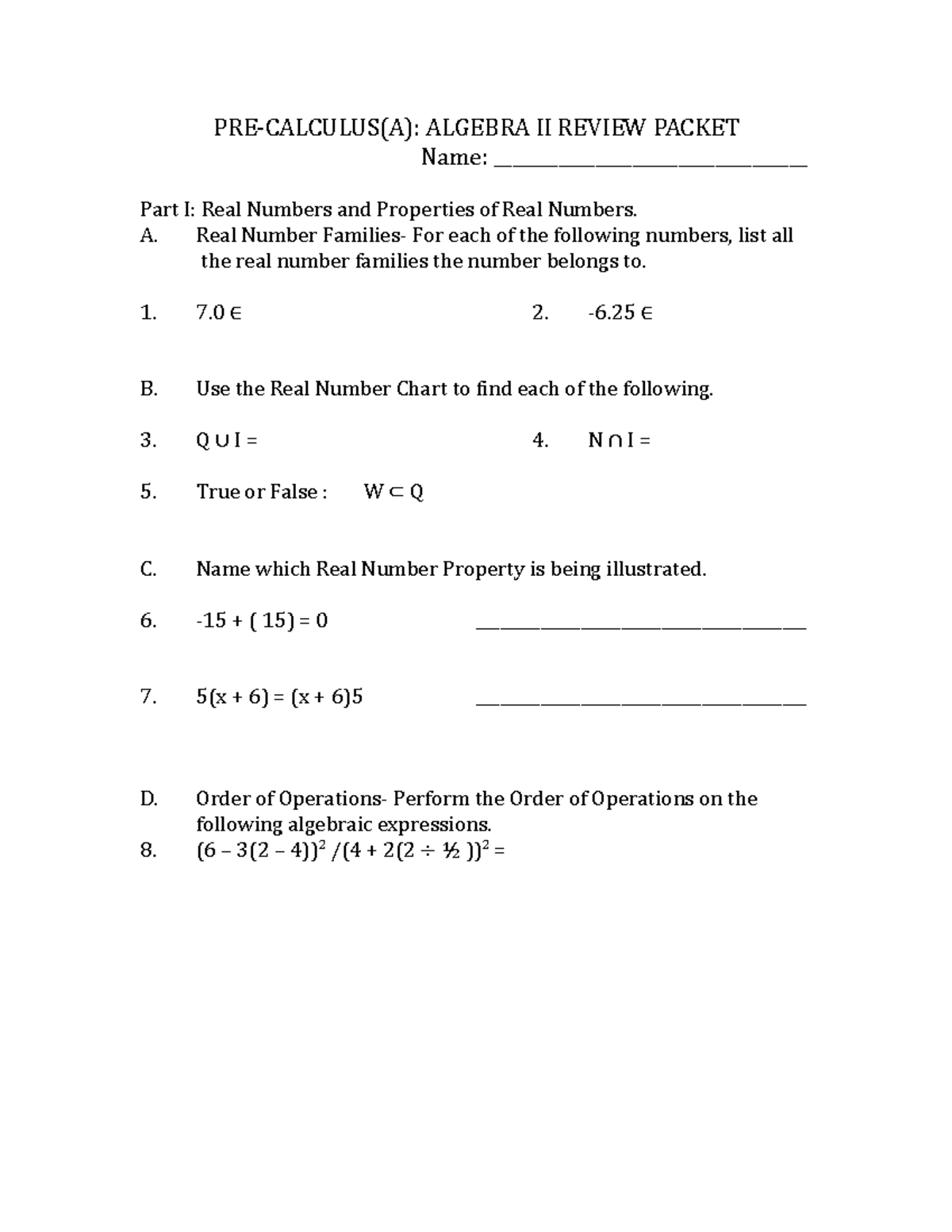 Copy of Precalculus Algerba II Review Packet - PRE-CALCULUS(A): ALGEBRA ...
