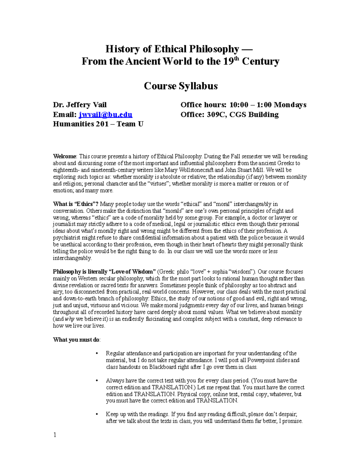 HU201 Syllabus - vail - History of Ethical Philosophy — From the ...