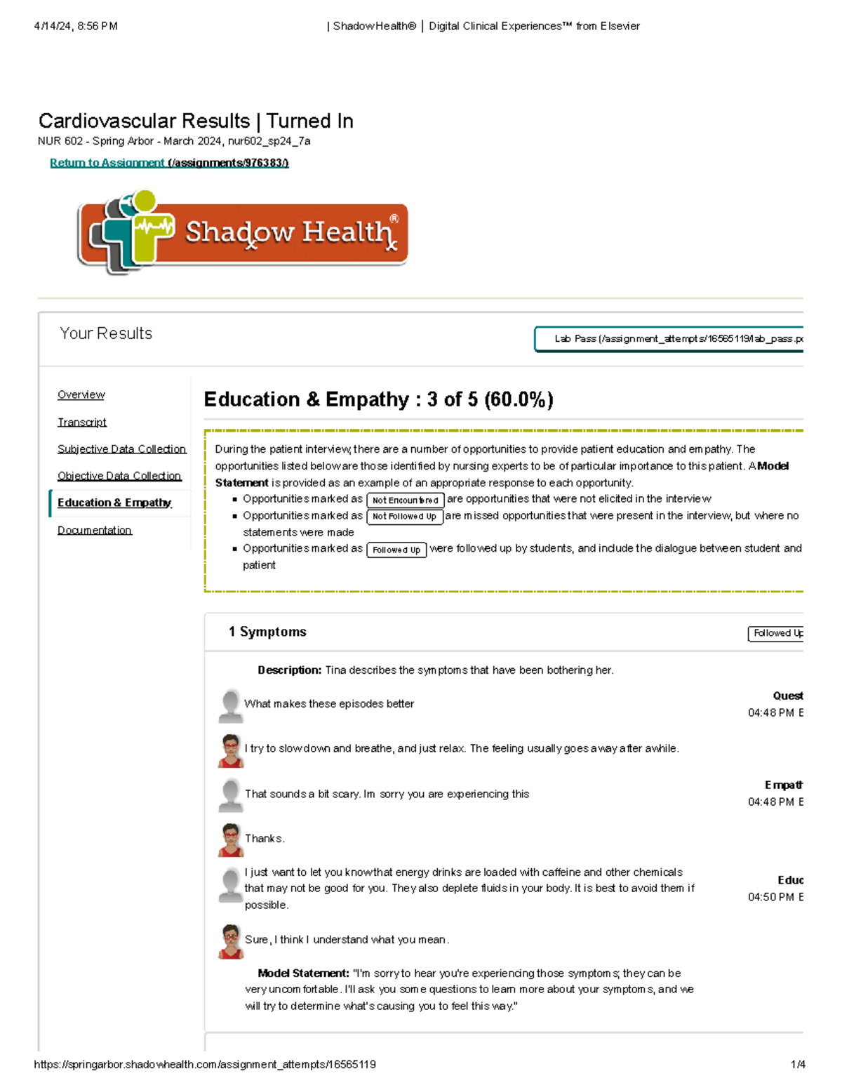 Shadow Health Cardio Empathy and Education 2024 - Cardiovascular ...