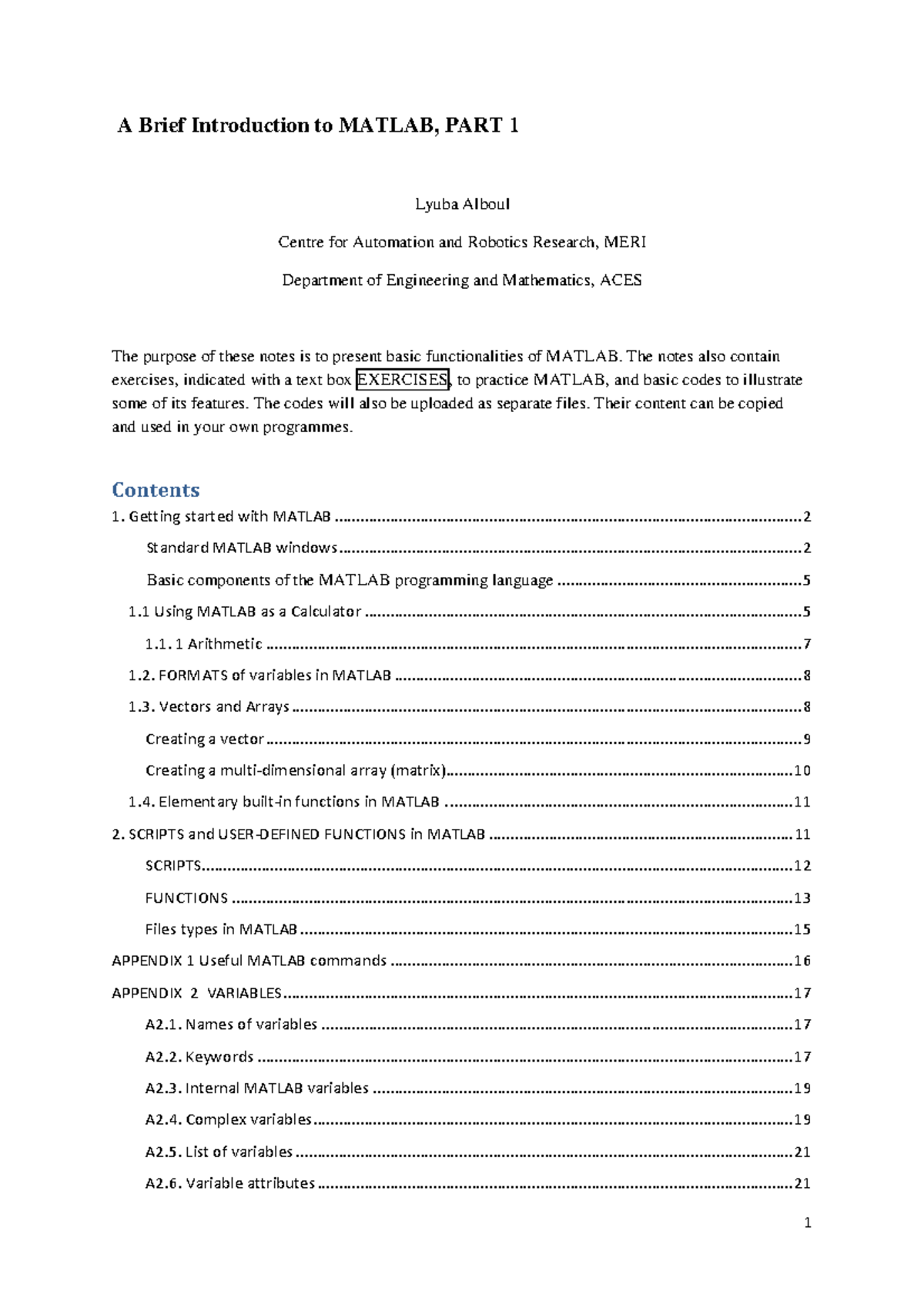 Getting Started With Matlab Part 1 2015 2016 A Brief Introduction To