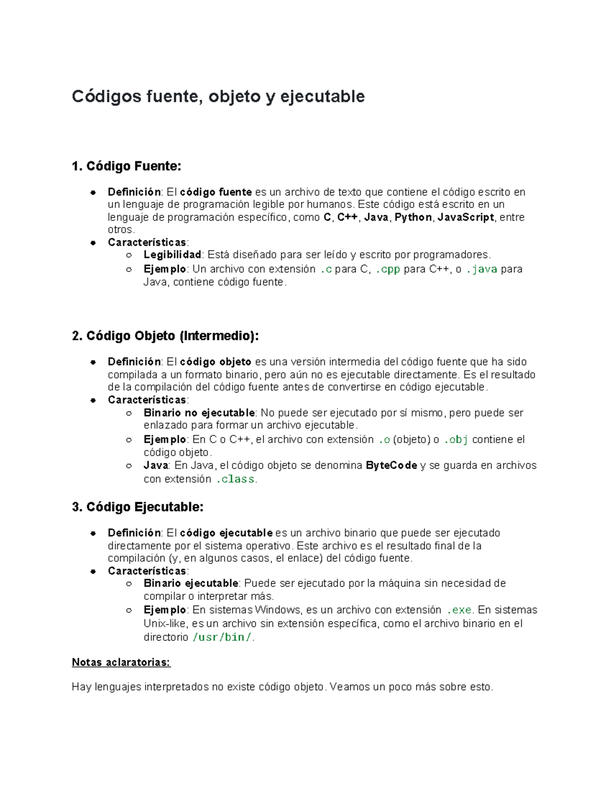 1.3.Códigos fuente, objeto y ejecutable - Código Fuente: Definición: El ...