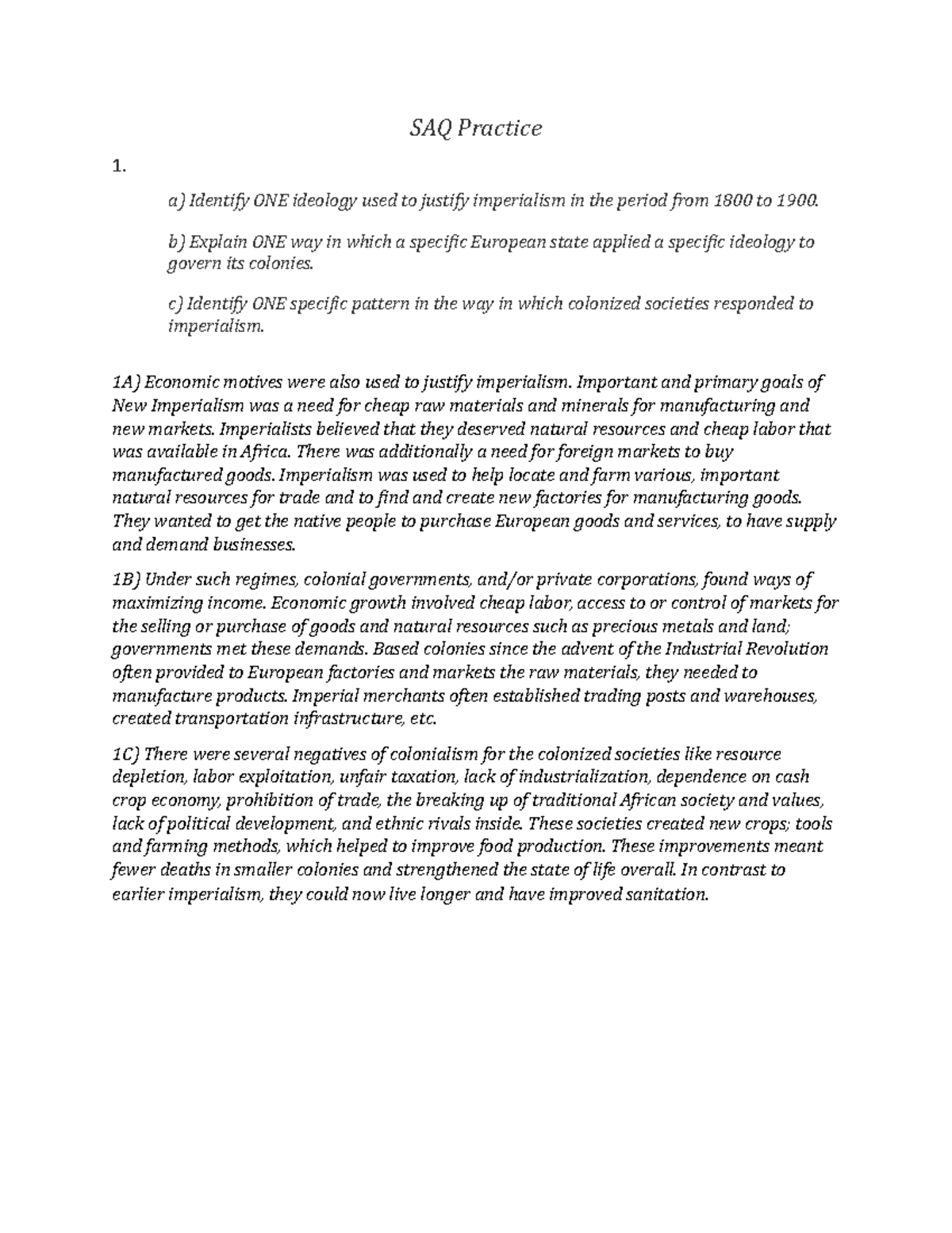 SAQ Practice - a) Identify ONE ideology used to justify imperialism in ...