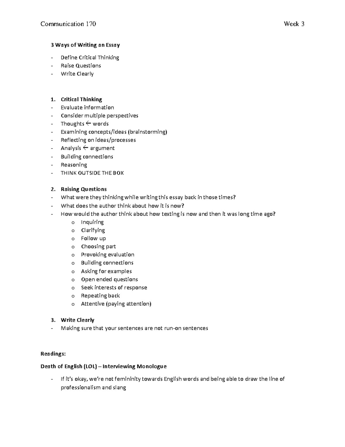 COMM 170 - Notes - Communication 170 Week 3 3 Ways of Writing an Essay ...