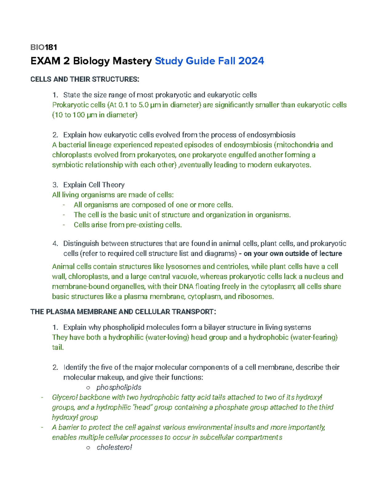 BIO 181 Exam 2 Study Guide Fall 2024 - BIO 181 EXAM 2 Biology Mastery Study Guide Fall 2024 ...
