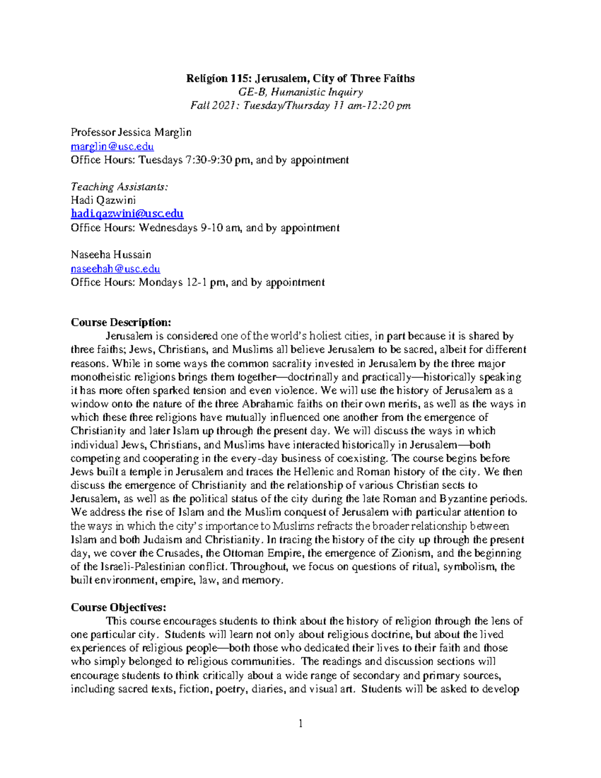 Syllabus, Rel 115 Jerusalem F21 final - Religion 115: Jerusalem, City ...