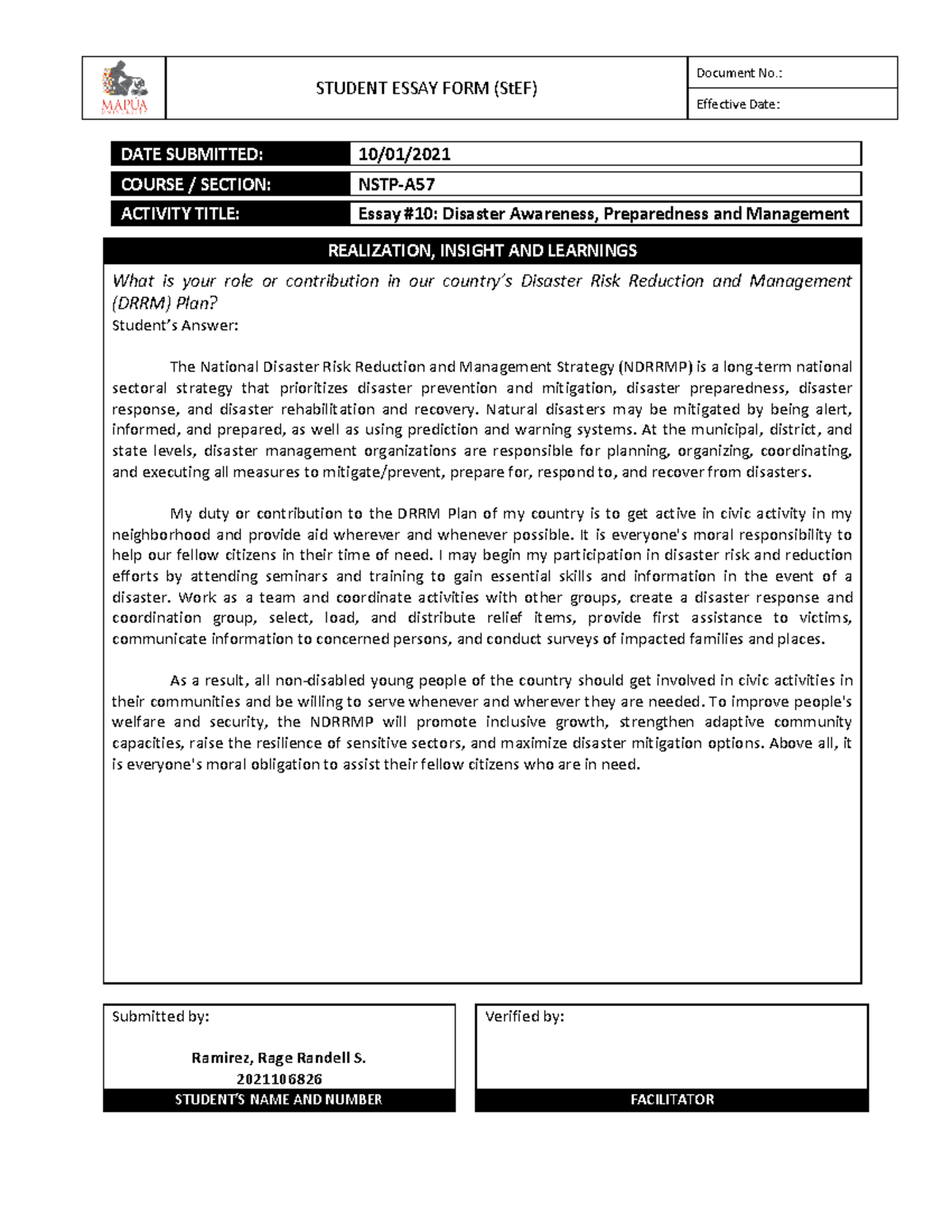 Nstpe 10 - NATIONAL SERVICE TRAINING PROGRAM ESSAY 10 - STUDENT ESSAY ...