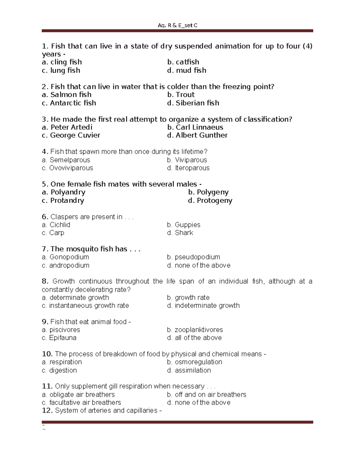 Aq - Practice Materials - 1. Fish that can live in a state of dry ...