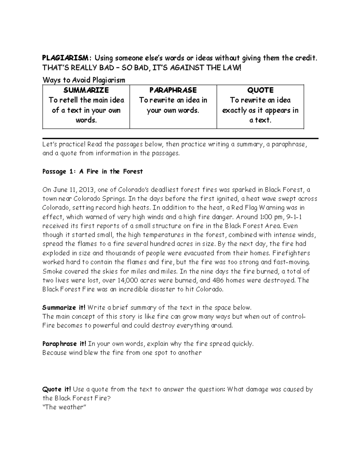 Summarizing,+Paraphrasing,+and+Quoting+Practice - PLAGIARISM: Using ...