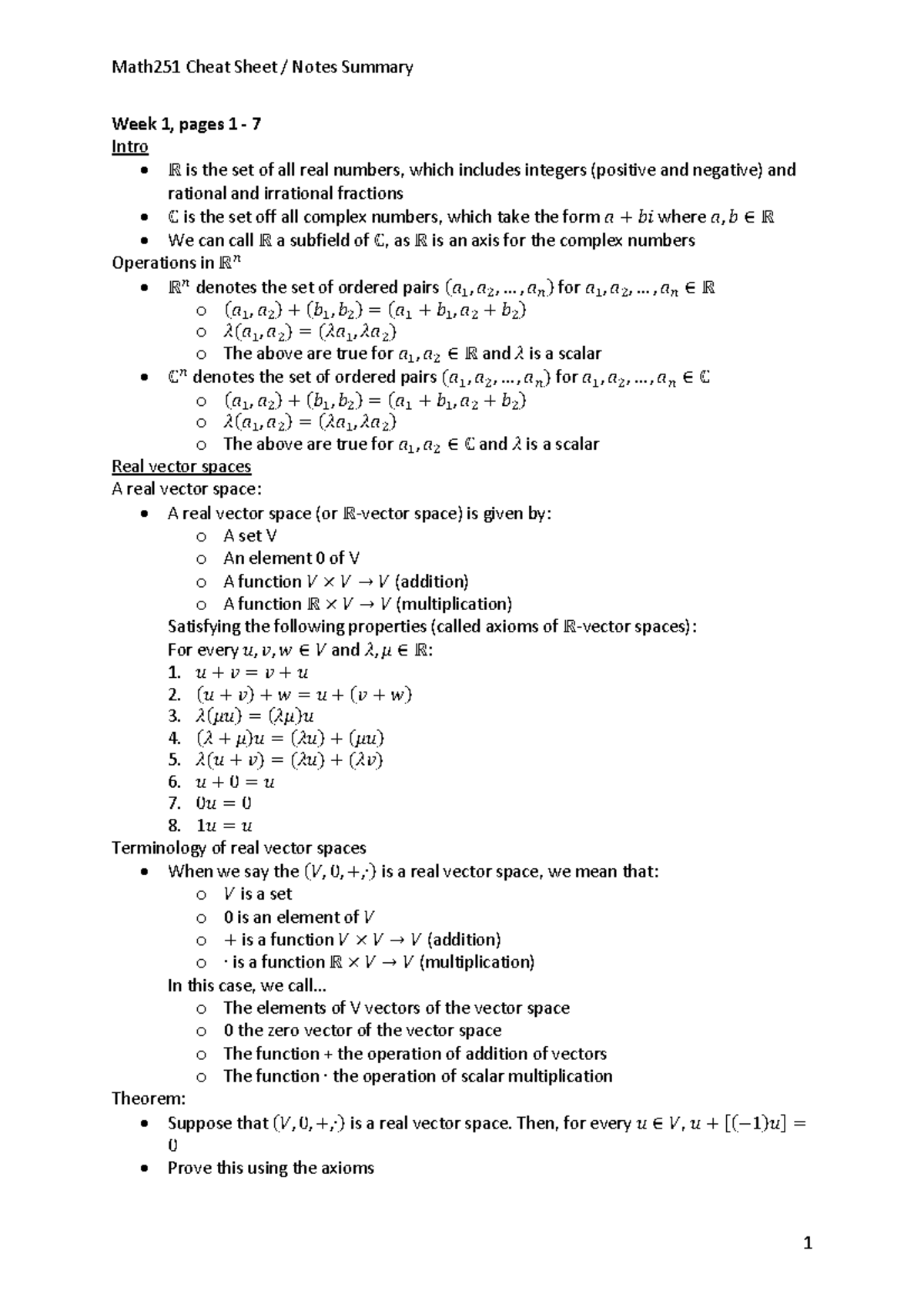 Math251 Cs Summary Linear Algebra Warning Tt Undefined Function 32 Week 1 Pages 1 7