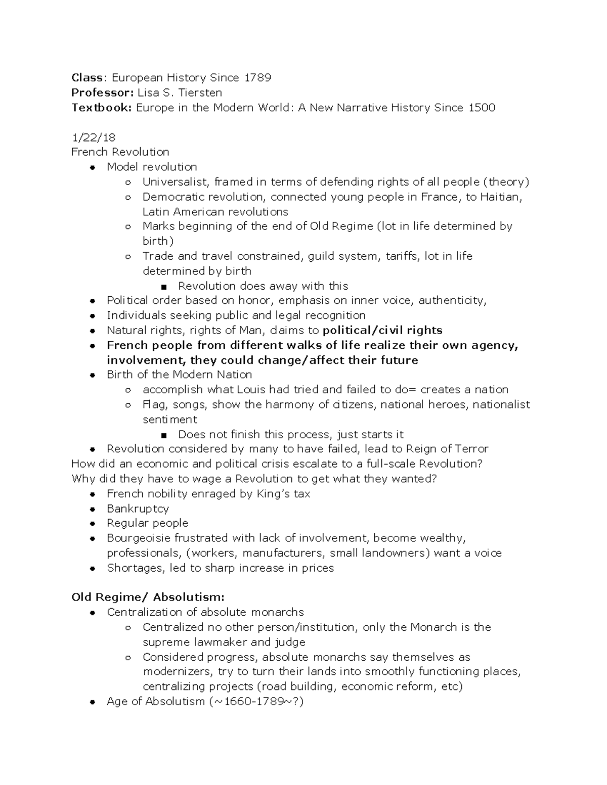 European History Since 1789 classnotes (full semester) - Class ...