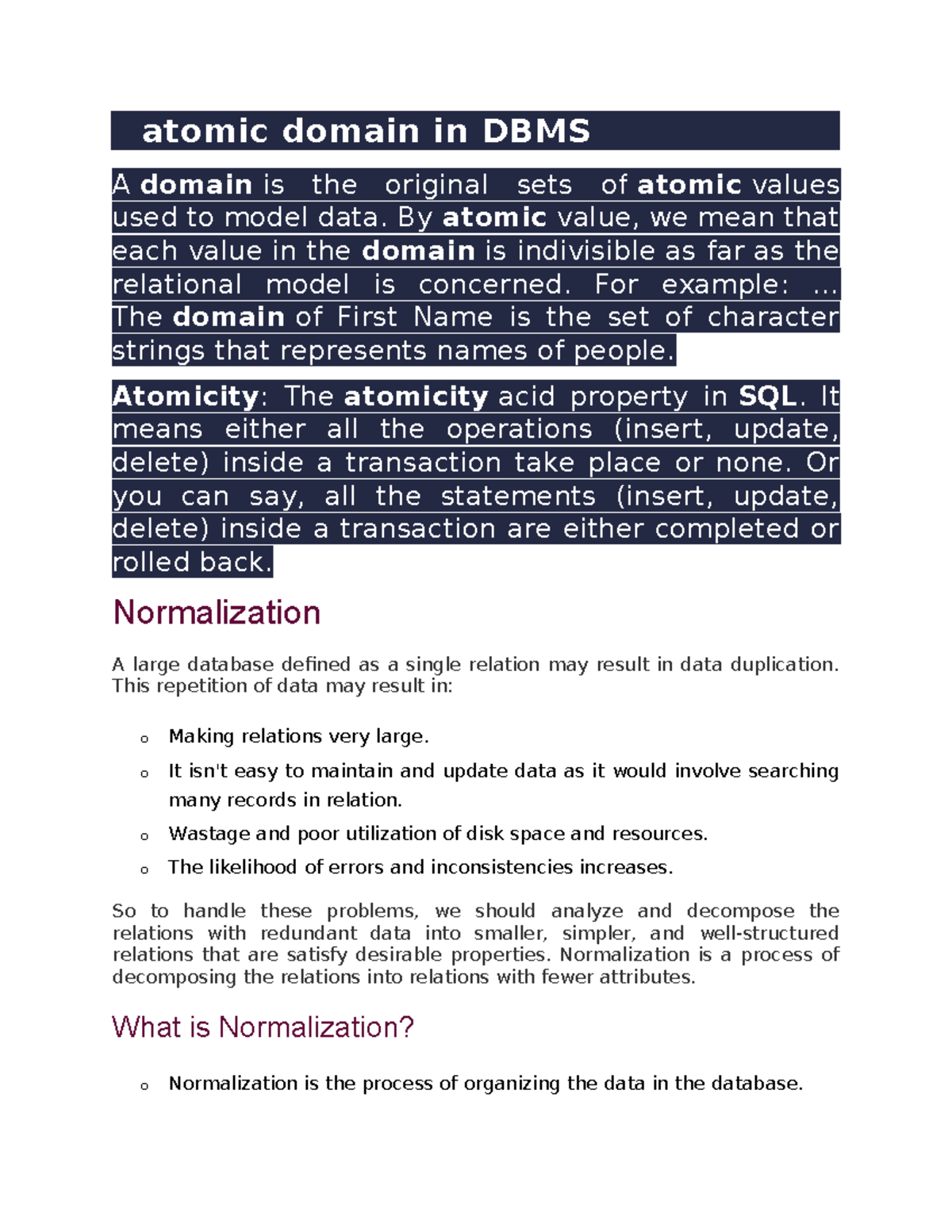 2nd and 3rd unit - Notes - atomic domain in DBMS A domain is the ...