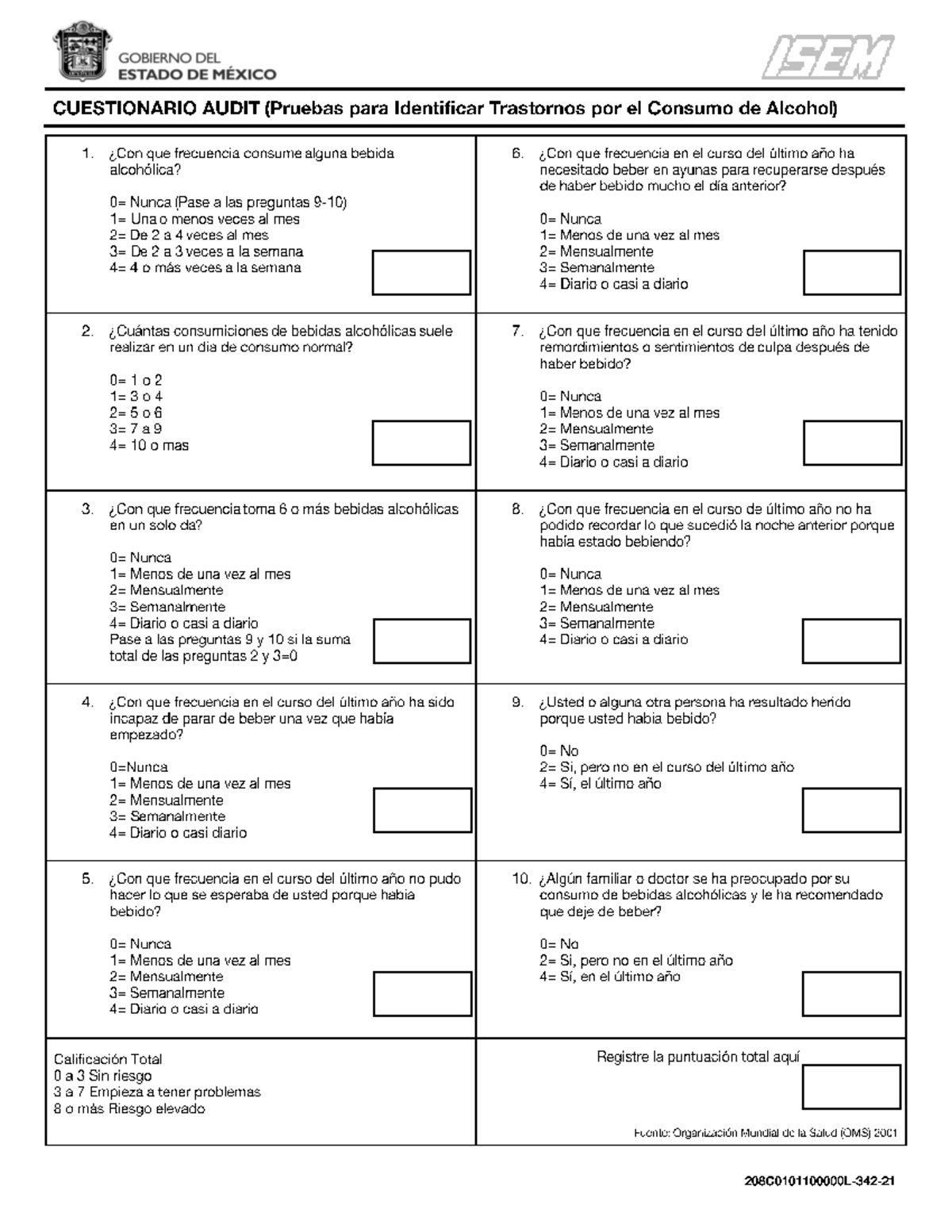 Cuestionario Audit - TAMIZAJE ALCOHOL - Psicología Médica Y Salud ...