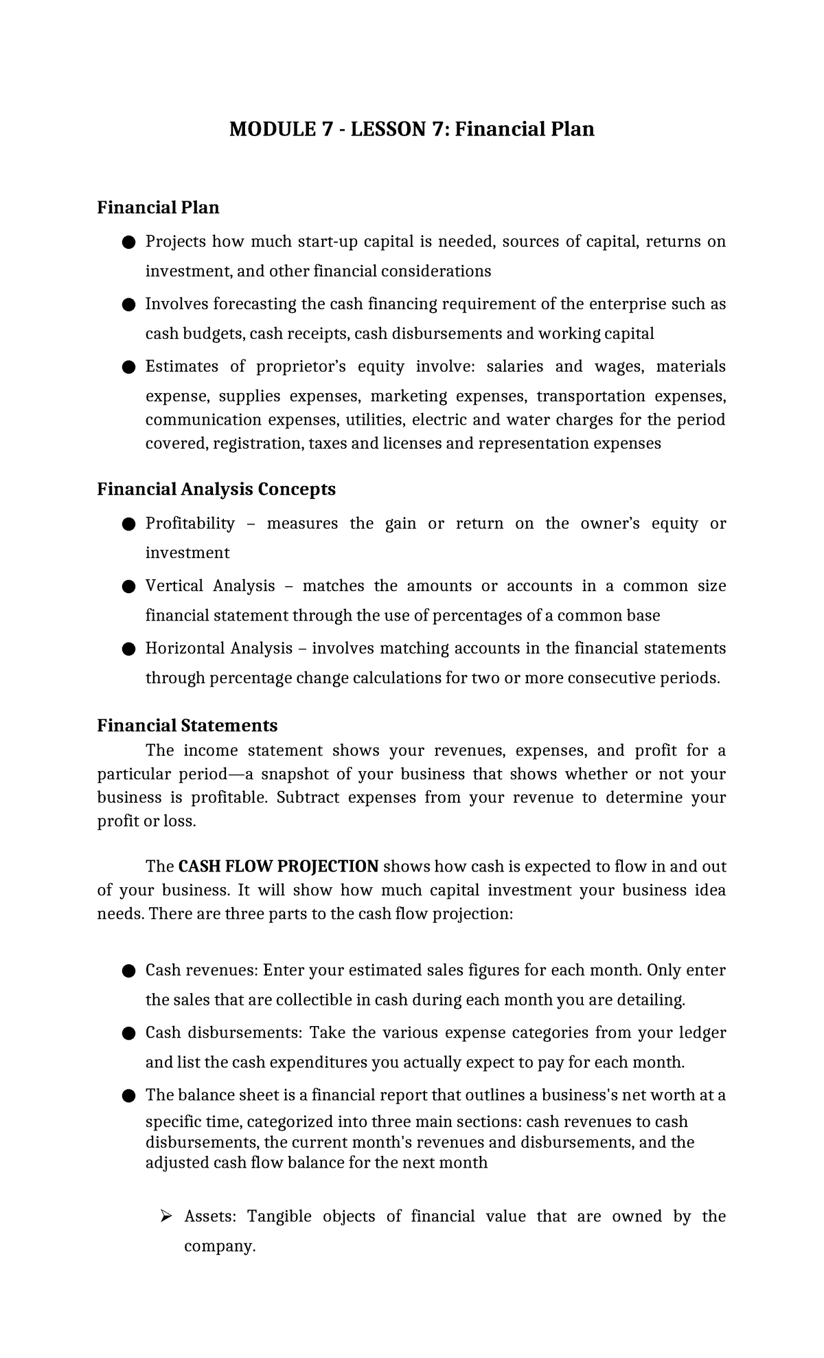 Lesson 6-7 ann - ........ - MODULE 7 - LESSON 7: Financial Plan ...