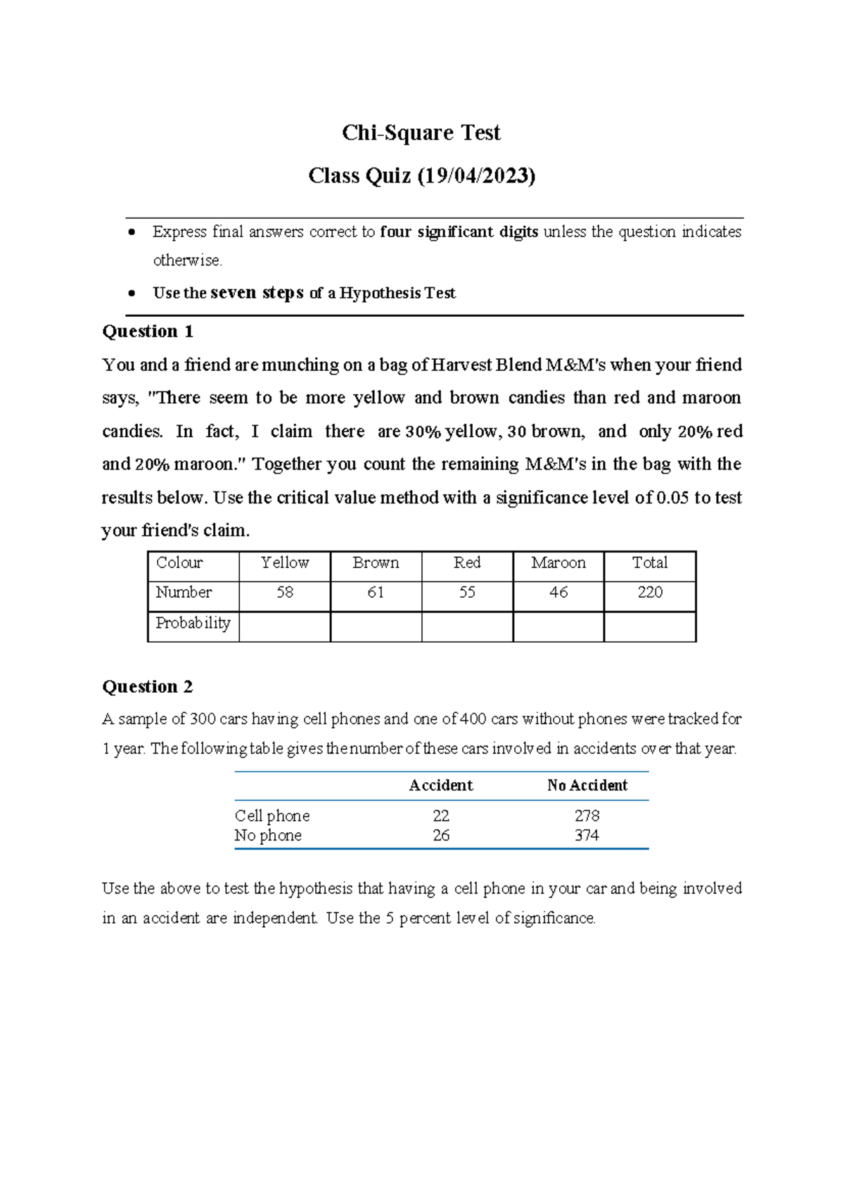 Chi-square Quiz - tutorials, quiz and memo - Chi-Square Test Class Quiz ...