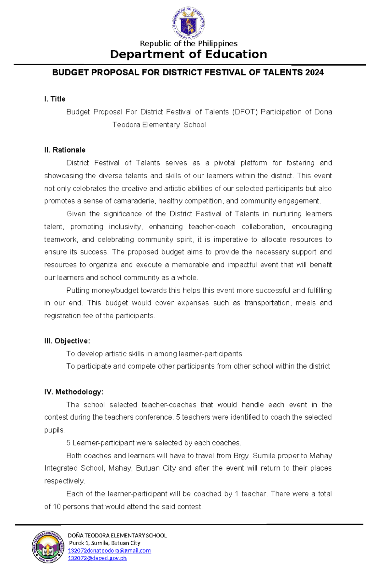Budget-Proposal for District FOT - Republic of the Philippines ...