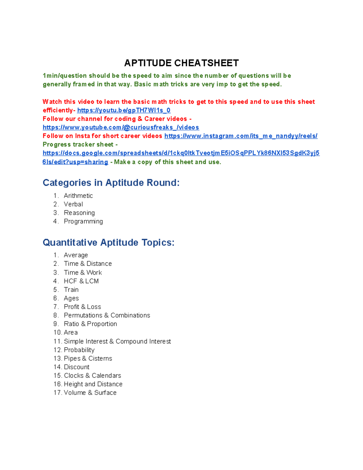 Aptitude Cheatsheet - asdas - APTITUDE CHEATSHEET 1min/question should ...