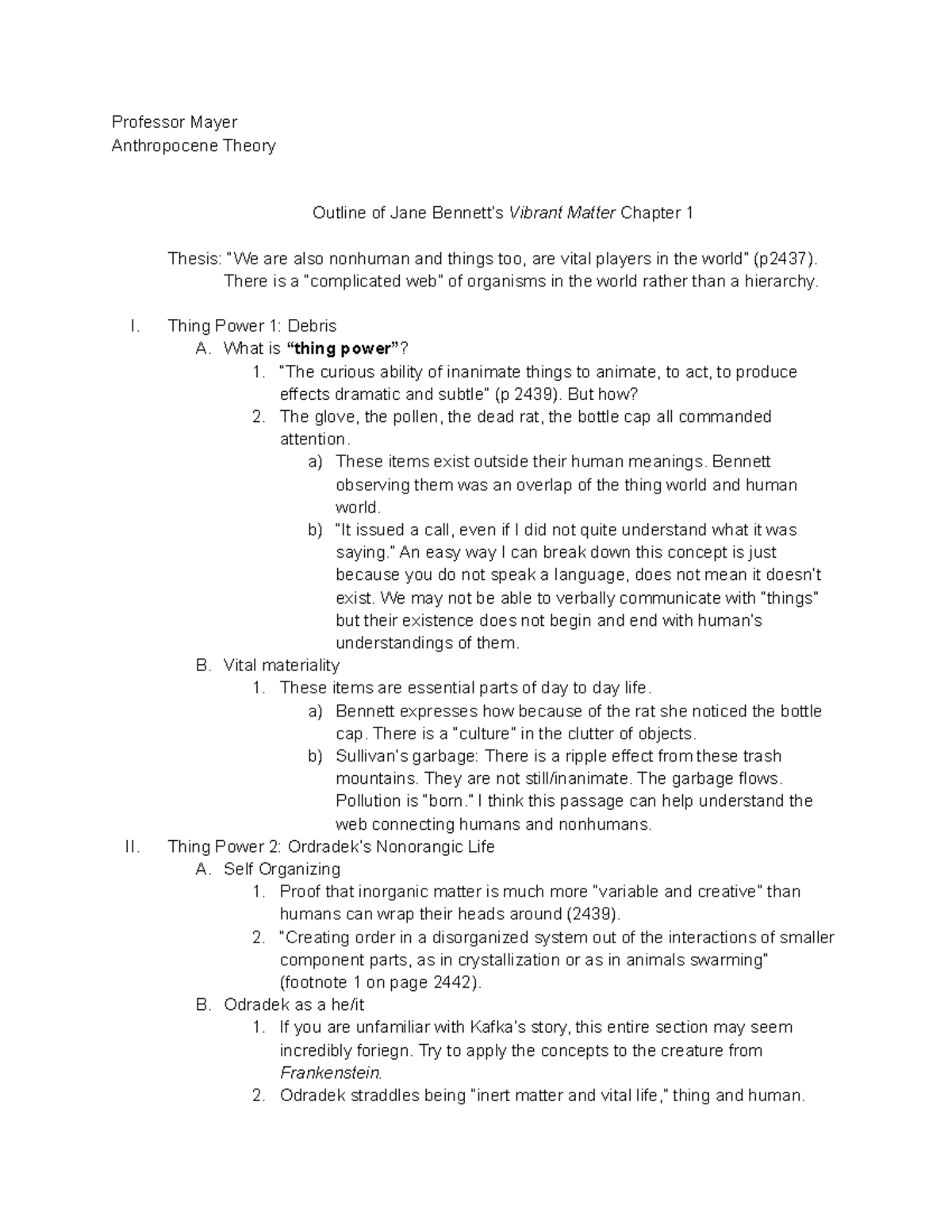 Jane Bennett Vibrant Matter Summary - Professor Mayer Anthropocene ...