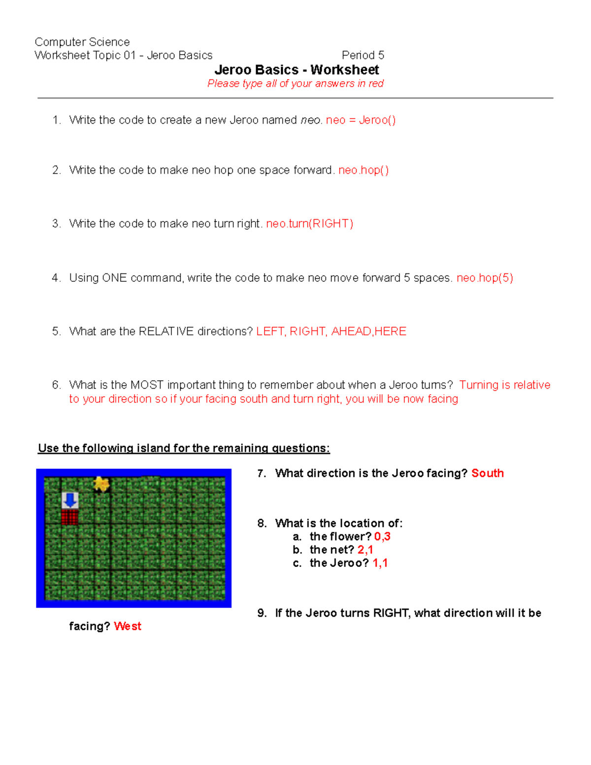 Topic 1 Jeroo Worksheet - Computer Science Worksheet Topic 01 - Jeroo ...