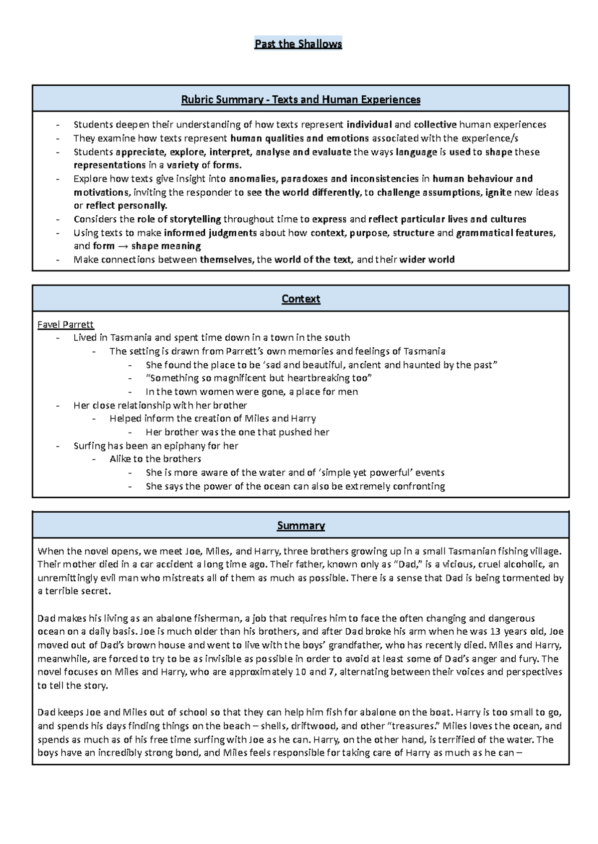 Past the Shallows Notes - Common Module - Rubric Summary - Texts and ...