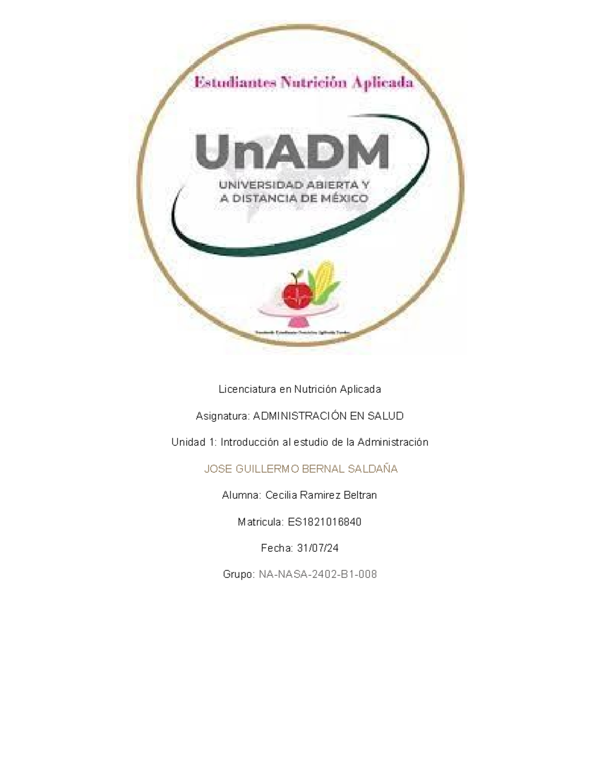 Licenciatura en Nutrición Aplicad 11005 - Licenciatura en Nutrición Aplicada Asignatura: - Studocu