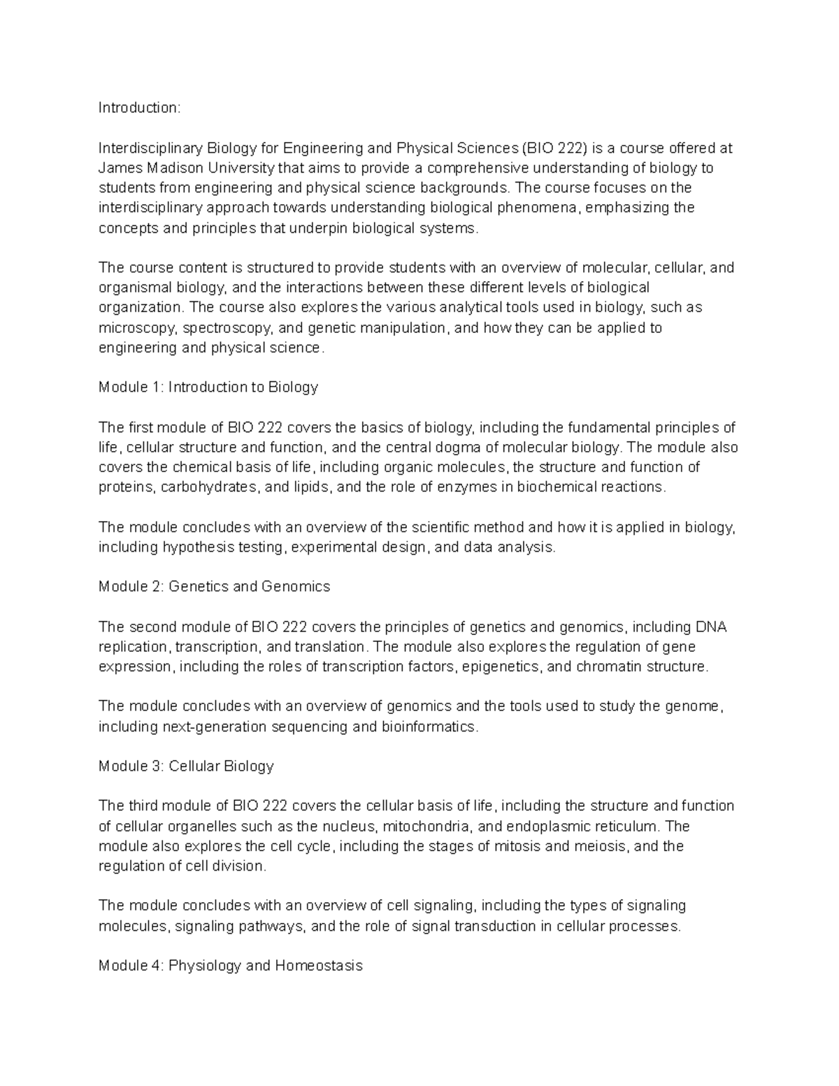 Interdisciplinary Biology for Engineering and Physical Sciences (3,0) (BIO 222)#1 - Introduction ...