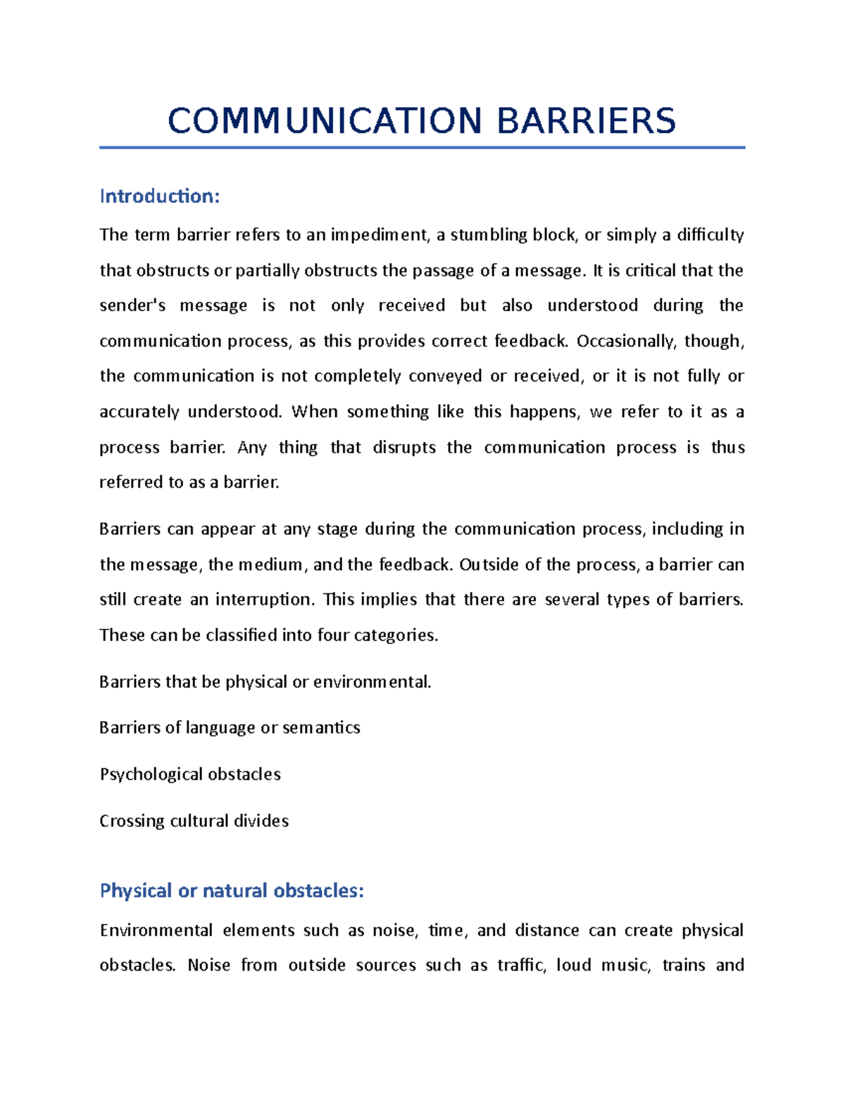 Communication Barriers - COMMUNICATION BARRIERS Introduction: The term ...