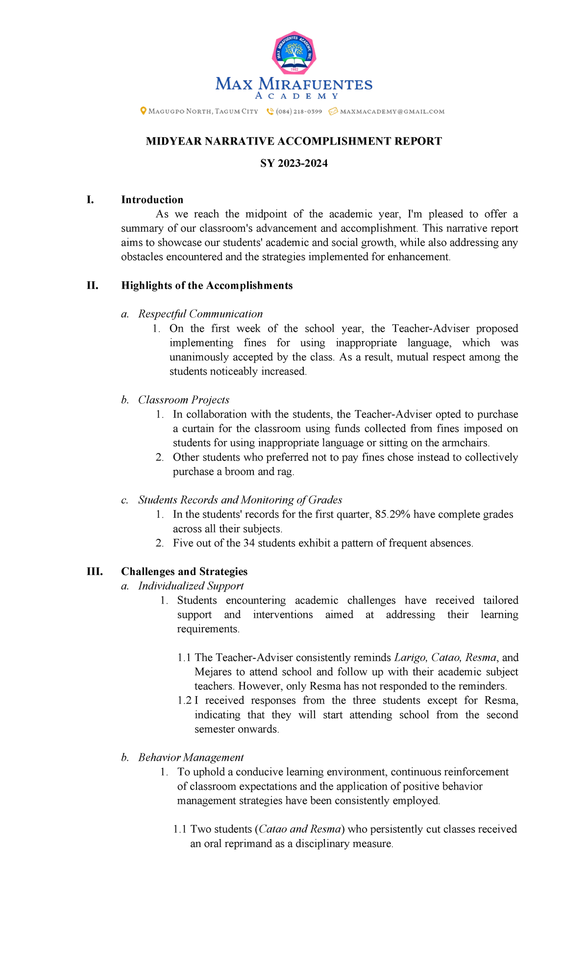 Narrative Accomplishment Report - MIDYEAR NARRATIVE ACCOMPLISHMENT ...