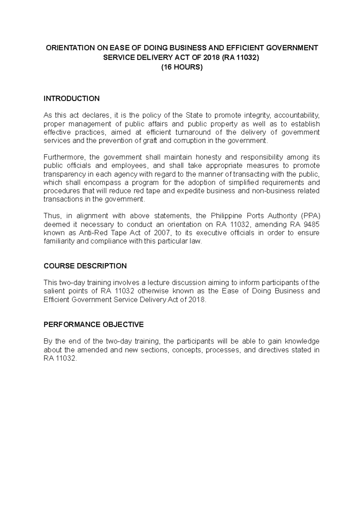 Orientation on RA 11032 - ORIENTATION ON EASE OF DOING BUSINESS AND ...