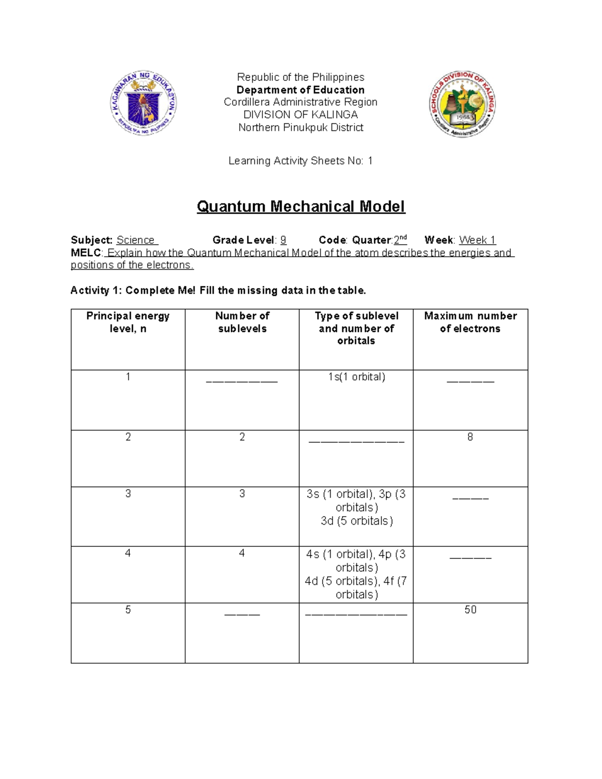 Activity sheets quantum - Republic of the Philippines Department of ...