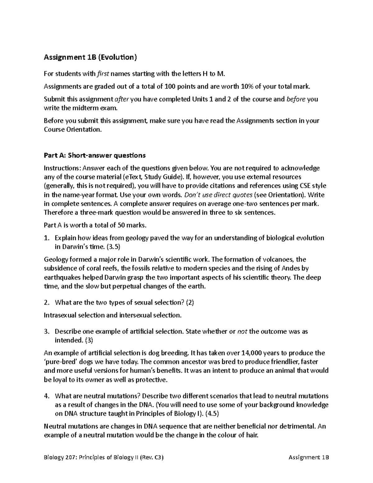 Assign 1B - Assignment 1B (Evolution) For students with first names starting with the letters H ...