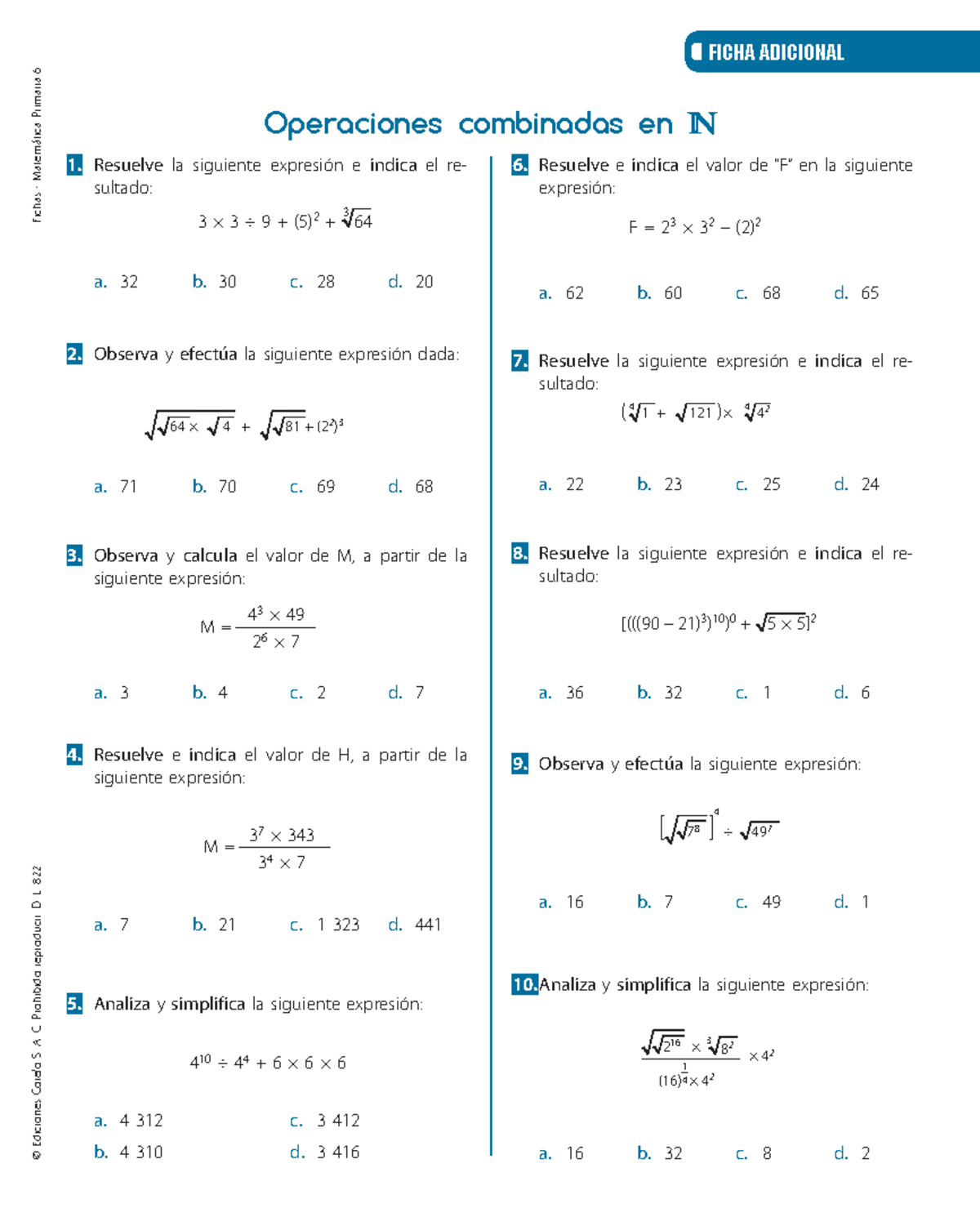 FA Operaciones combinadas en N - Fichas - Matemática Primaria 6 © Ediciones Corefo S. A. C ...