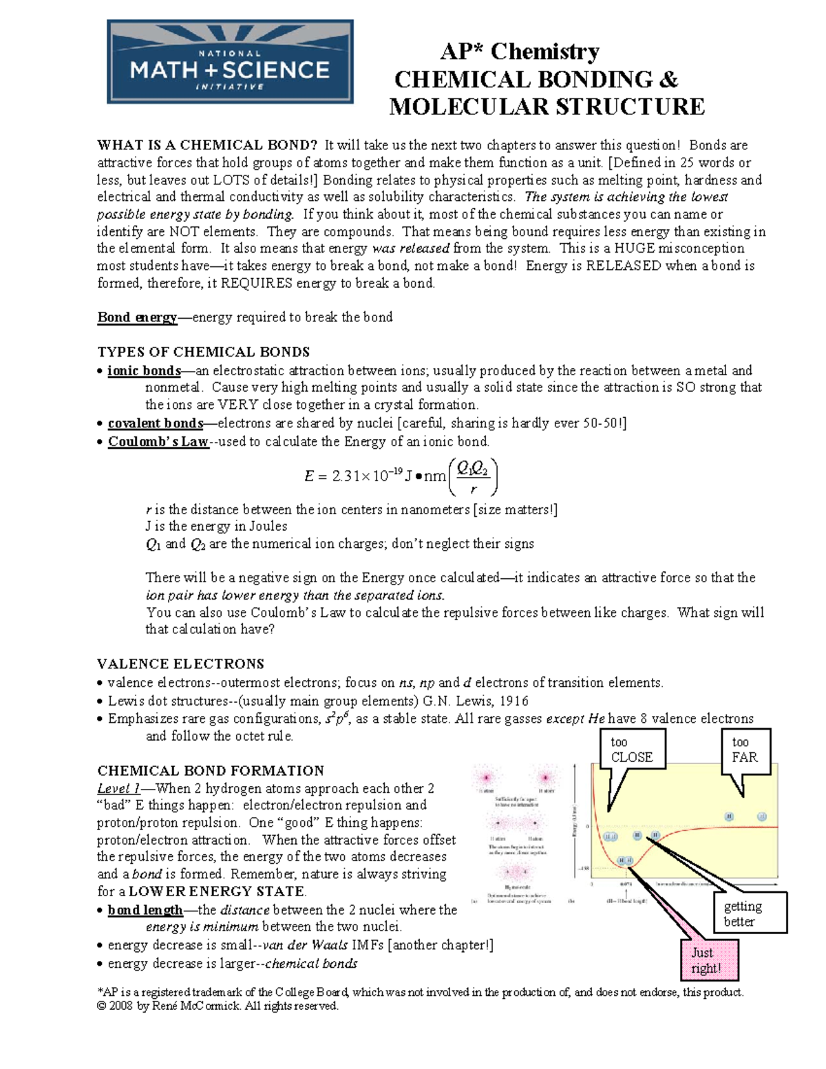 08 Bonding General Concepts - AP* Chemistry CHEMICAL BONDING ...