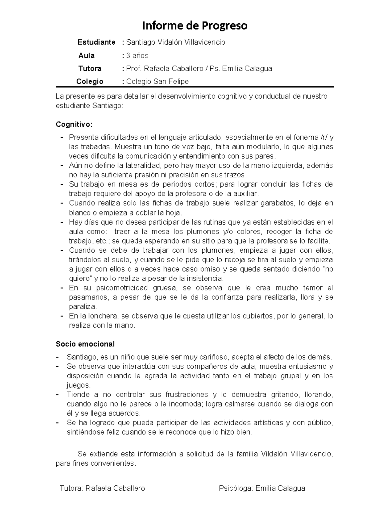 Informe de Progreso - Santiago Vidalón - Informe de Progreso Estudiante ...