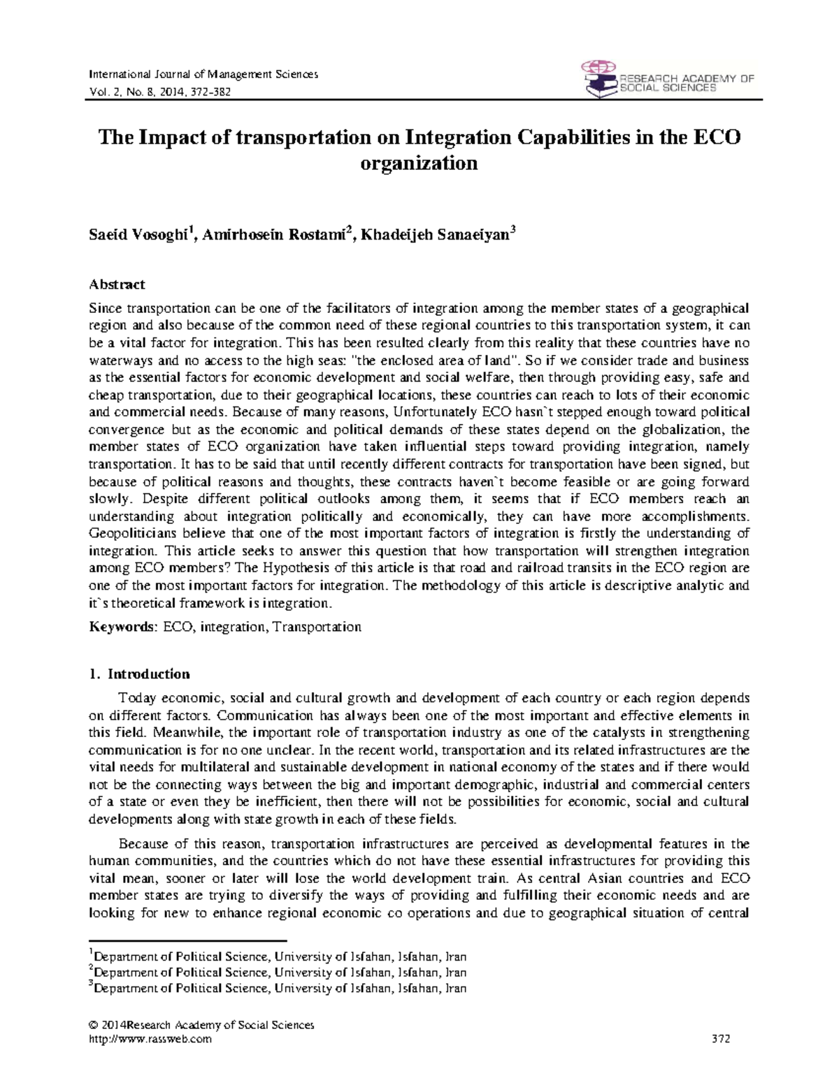 The Impact of transportation on Integrat - © 2014Research Academy of ...