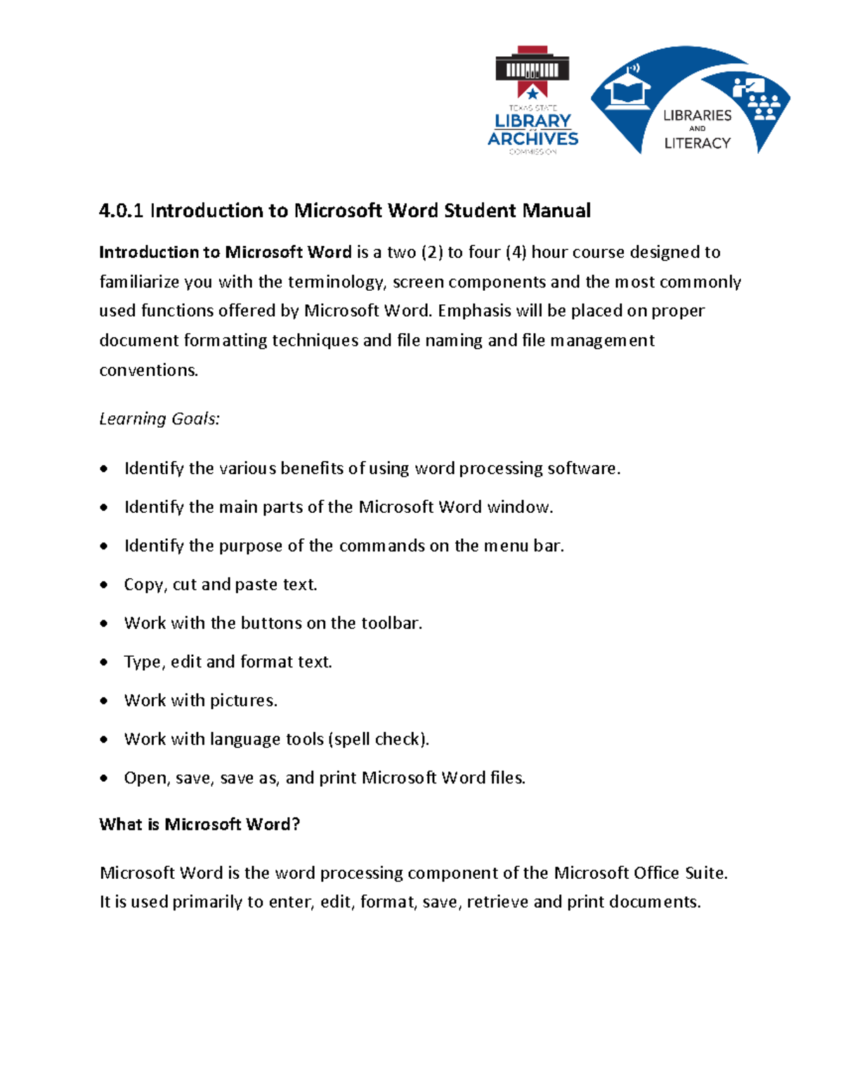 4-0-1 Introduction to Microsoft Word Student Manual 054844 - 4.0 ...